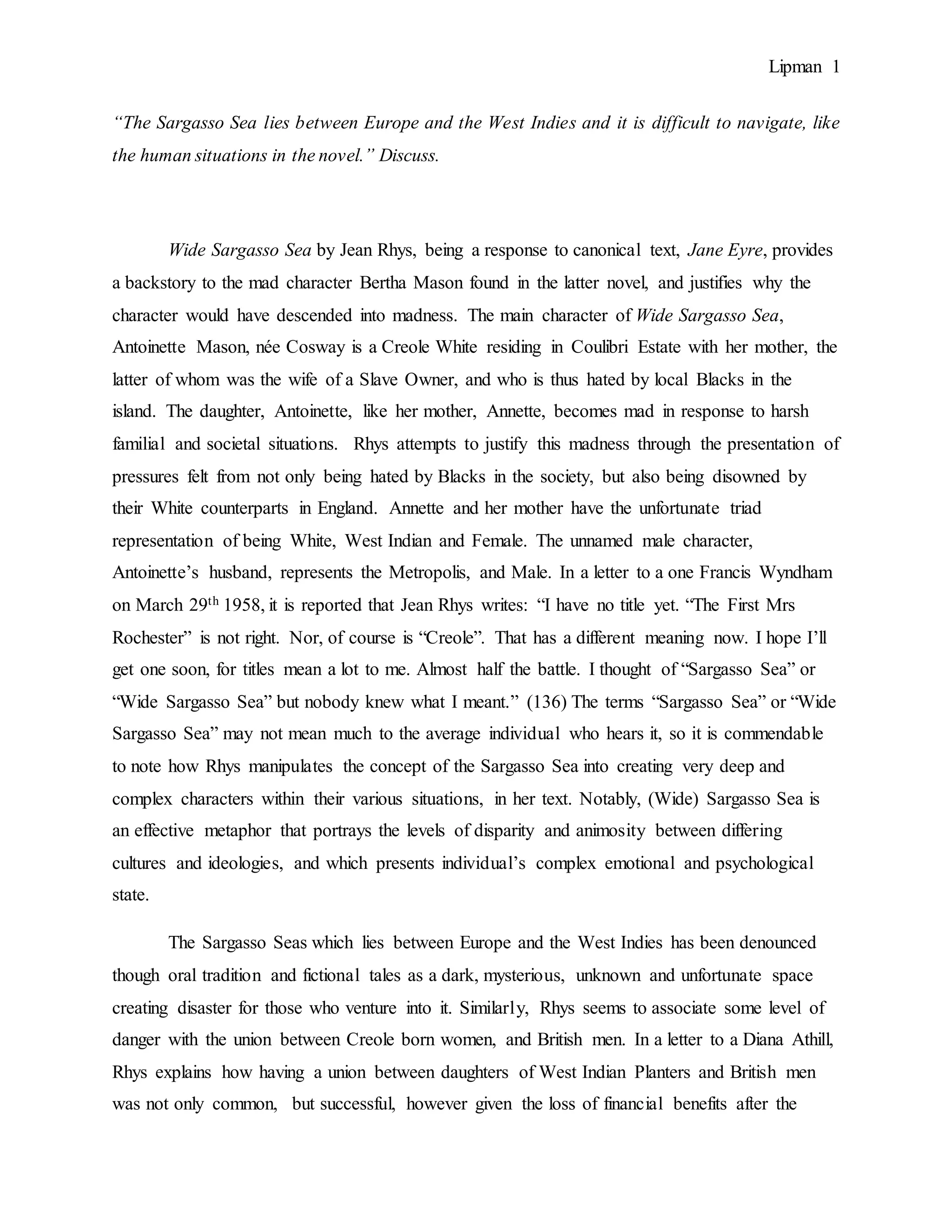 Difficult human situations_in_jean_rhys wide sergasso sea | DOCX ...