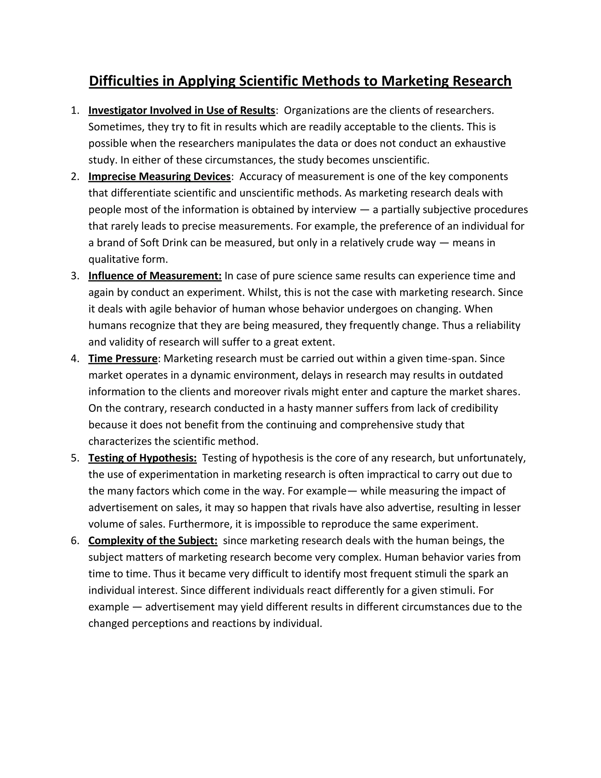 Difficulties in applying scientific methods to marketing research | DOCX