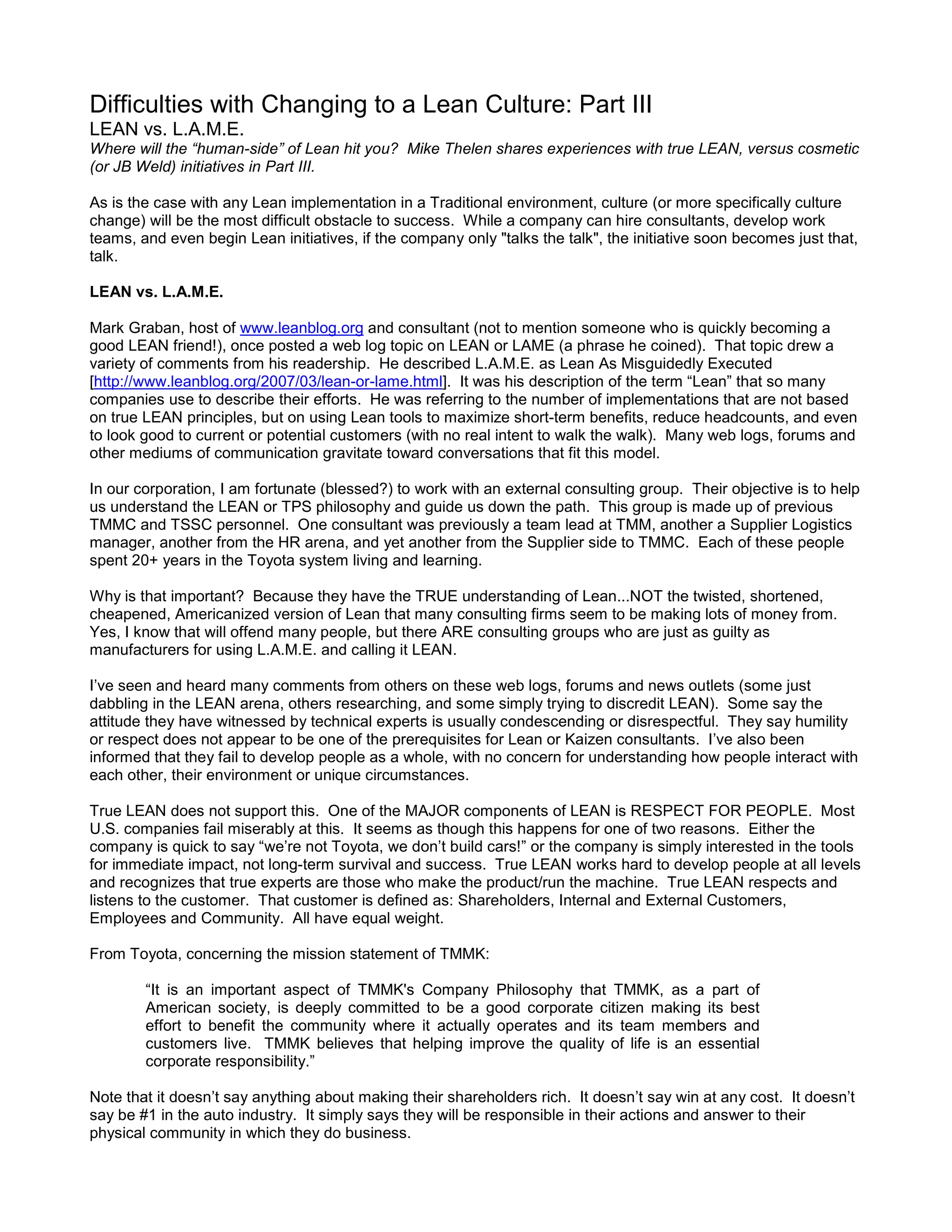 Difficulties With Changing To A Lean Culture Part 03 By Mike Thelen | PDF