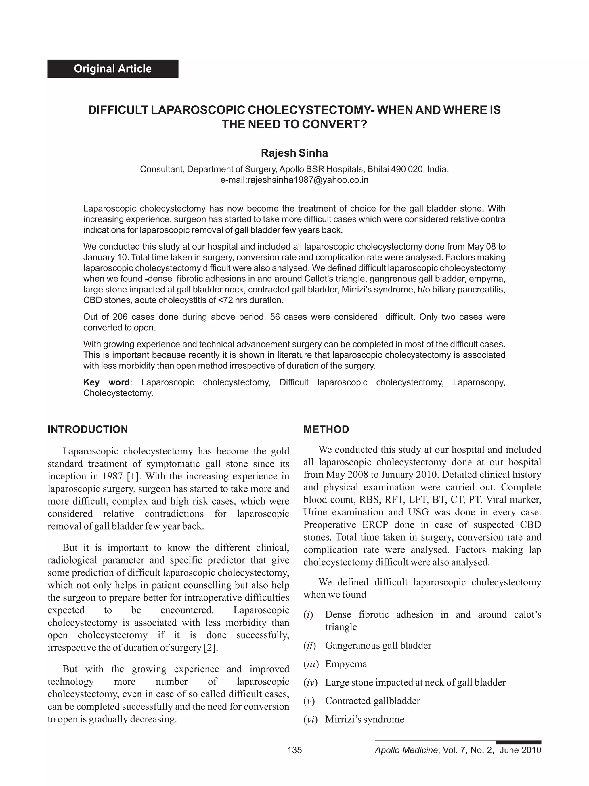 Difficult Laparoscopic Cholecystectomy-When and Where is the Need to ...