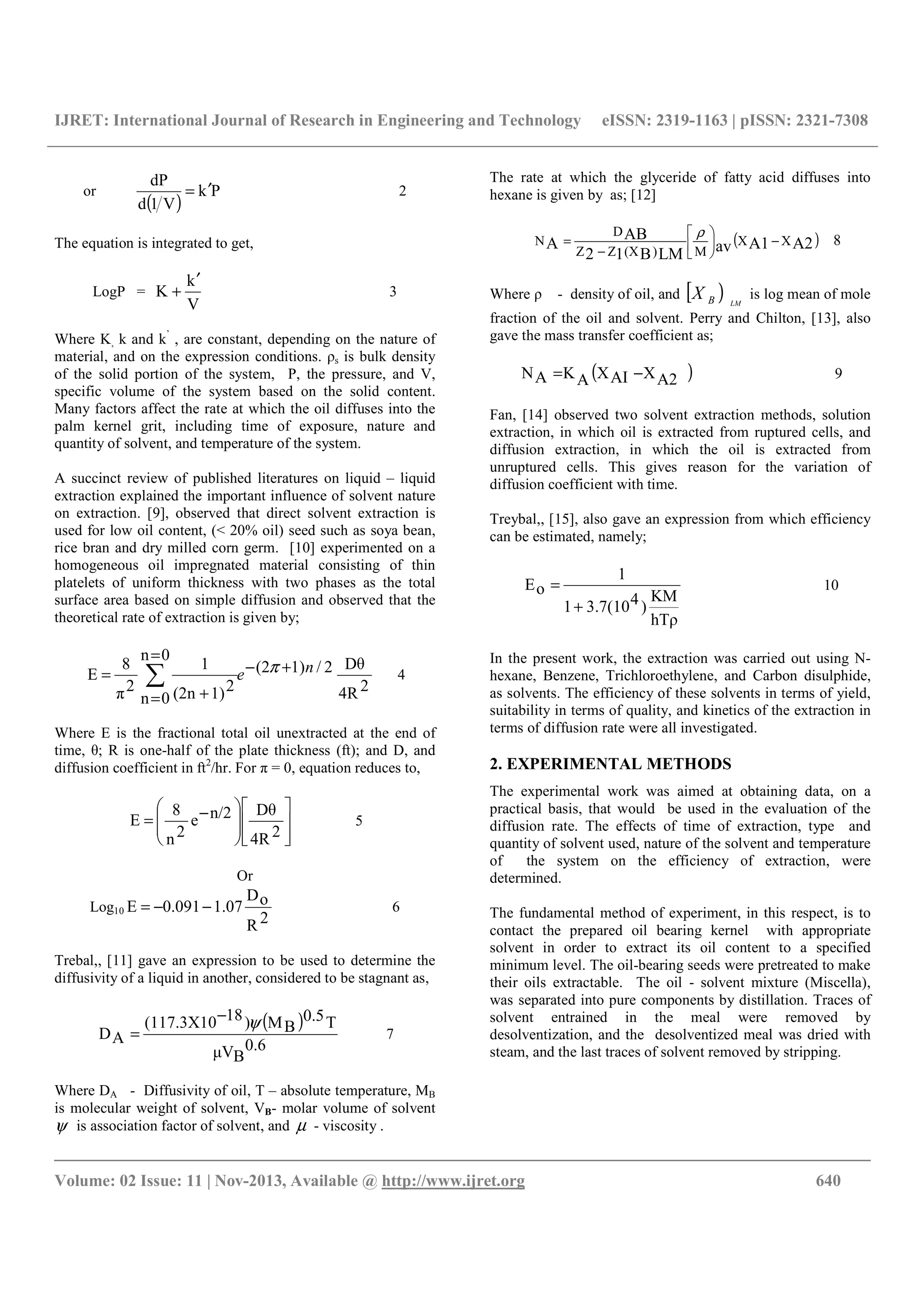 Diffusion rate analysis in palm kernel oil extraction | PDF