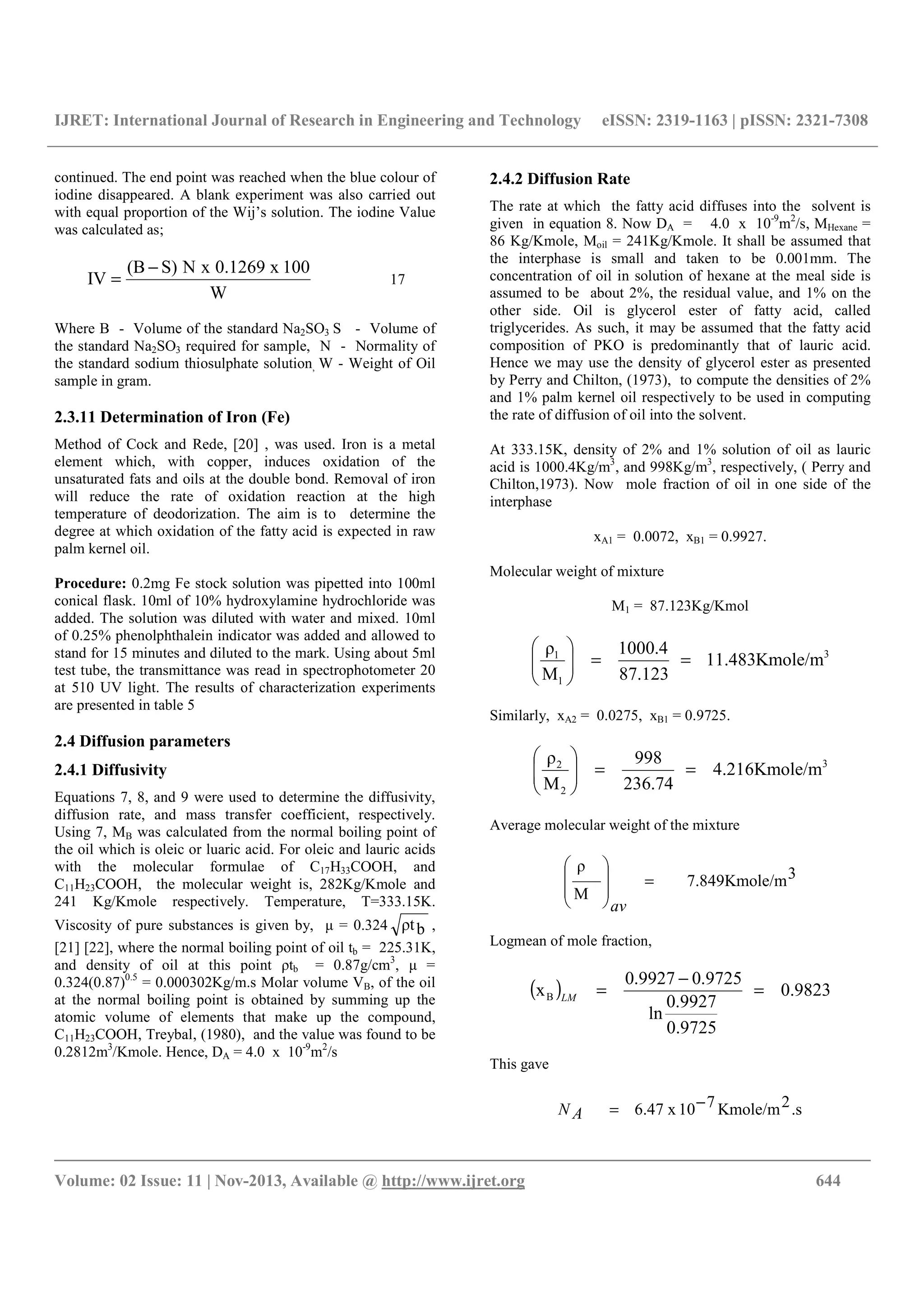 Diffusion rate analysis in palm kernel oil extraction | PDF