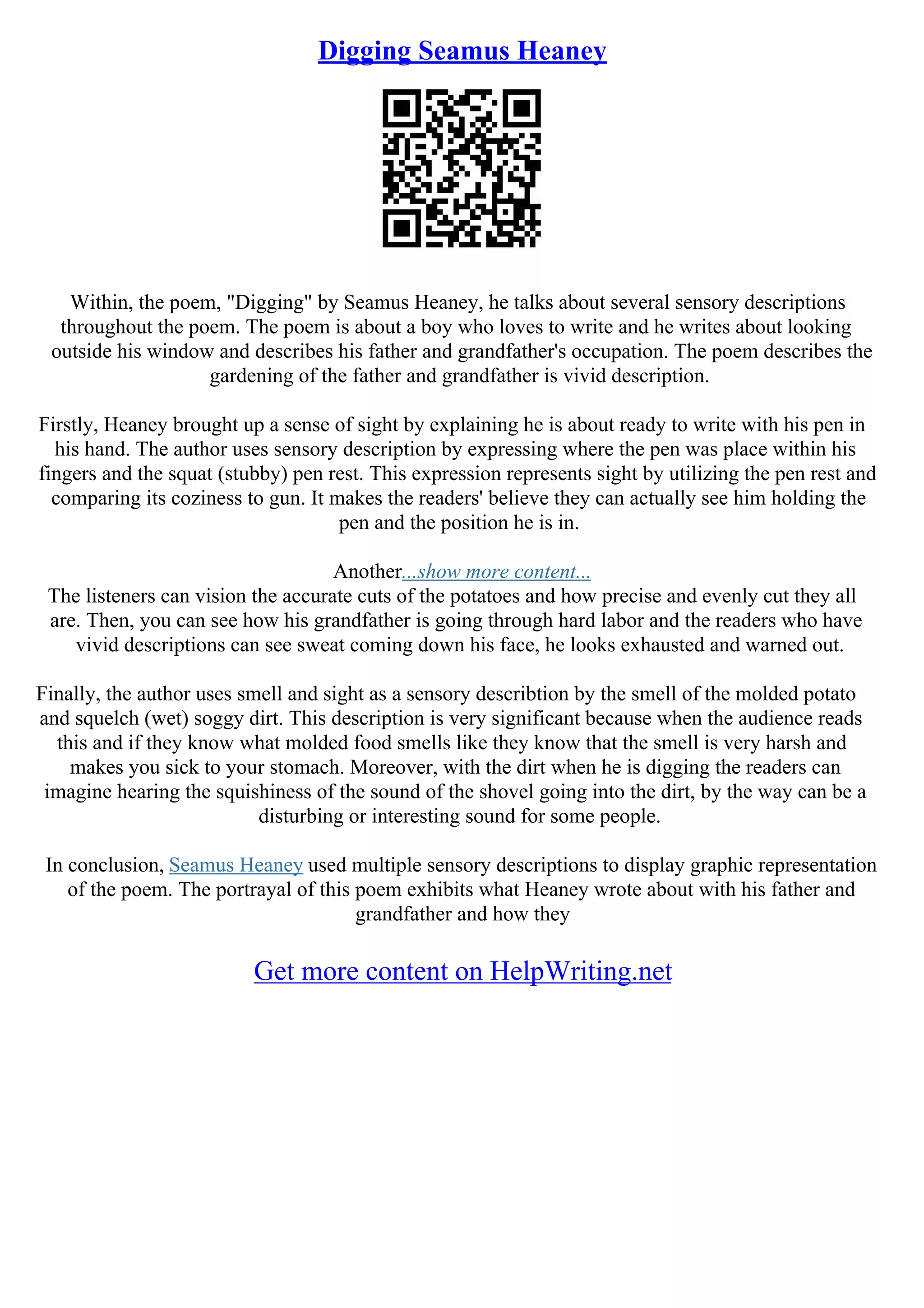 Digging By Seamus Heaney Essay | PDF | Poetry | Books and Literature