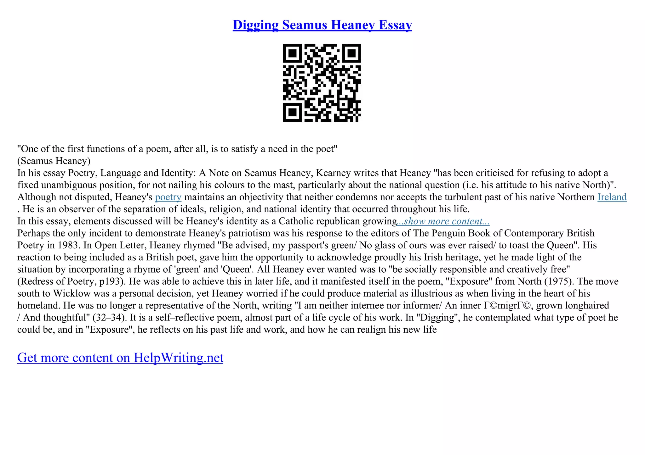 Digging Seamus Heaney Essay | PPT