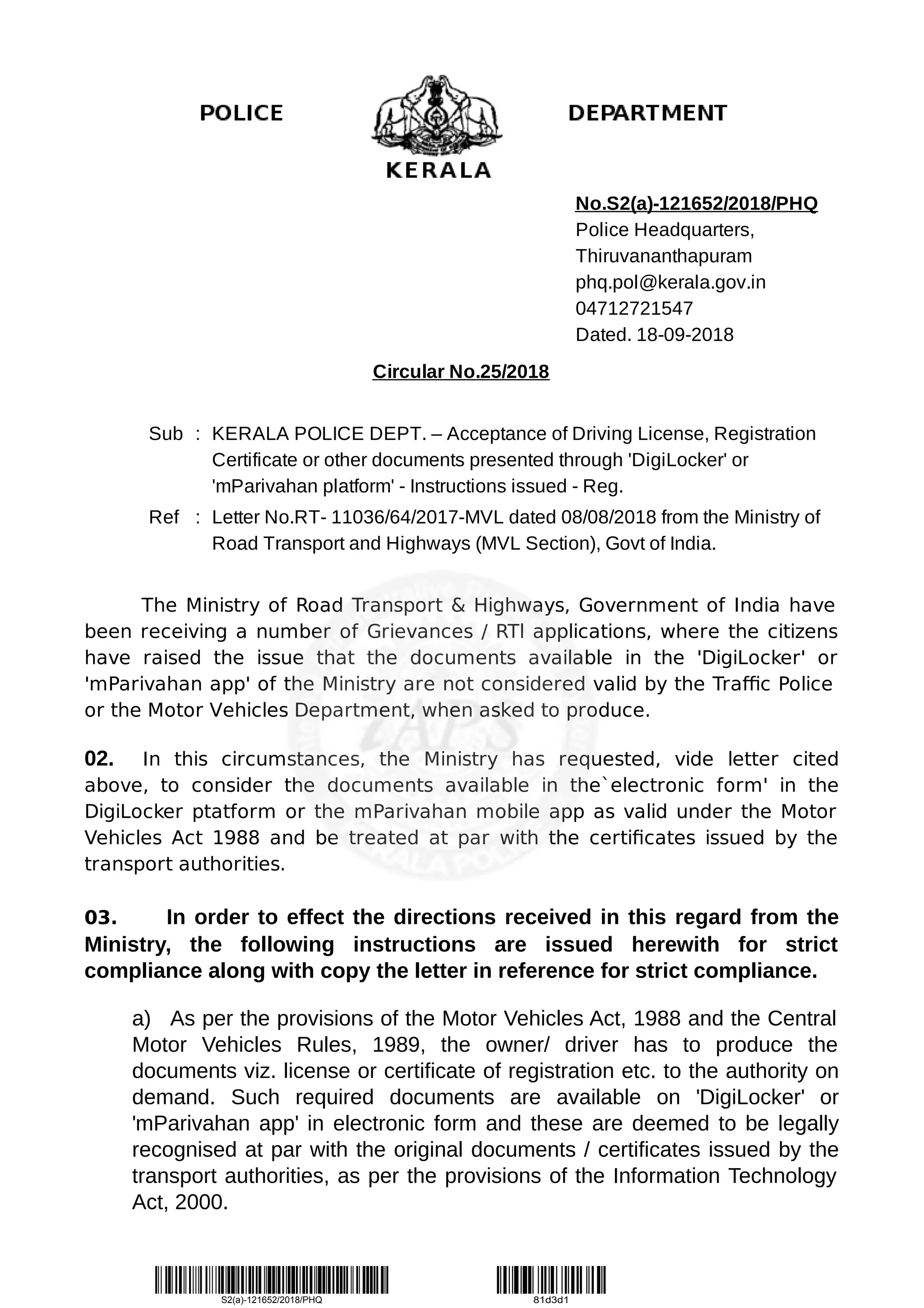 Circular No.25/2018 KERALA POLICE DEPT. – Acceptance of Driving License ...