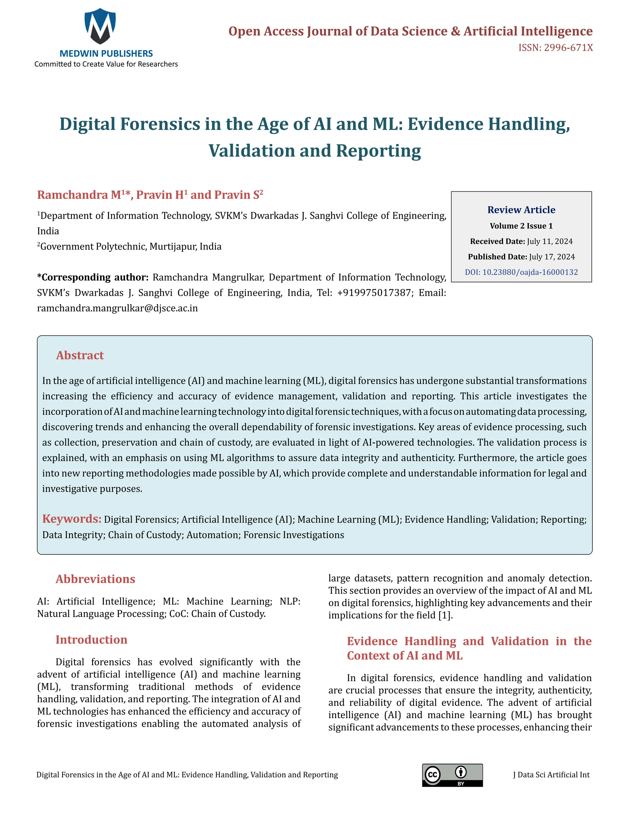 Digital Forensics in the Age of AI and ML: Evidence Handling, Validation and Reporting | PDF