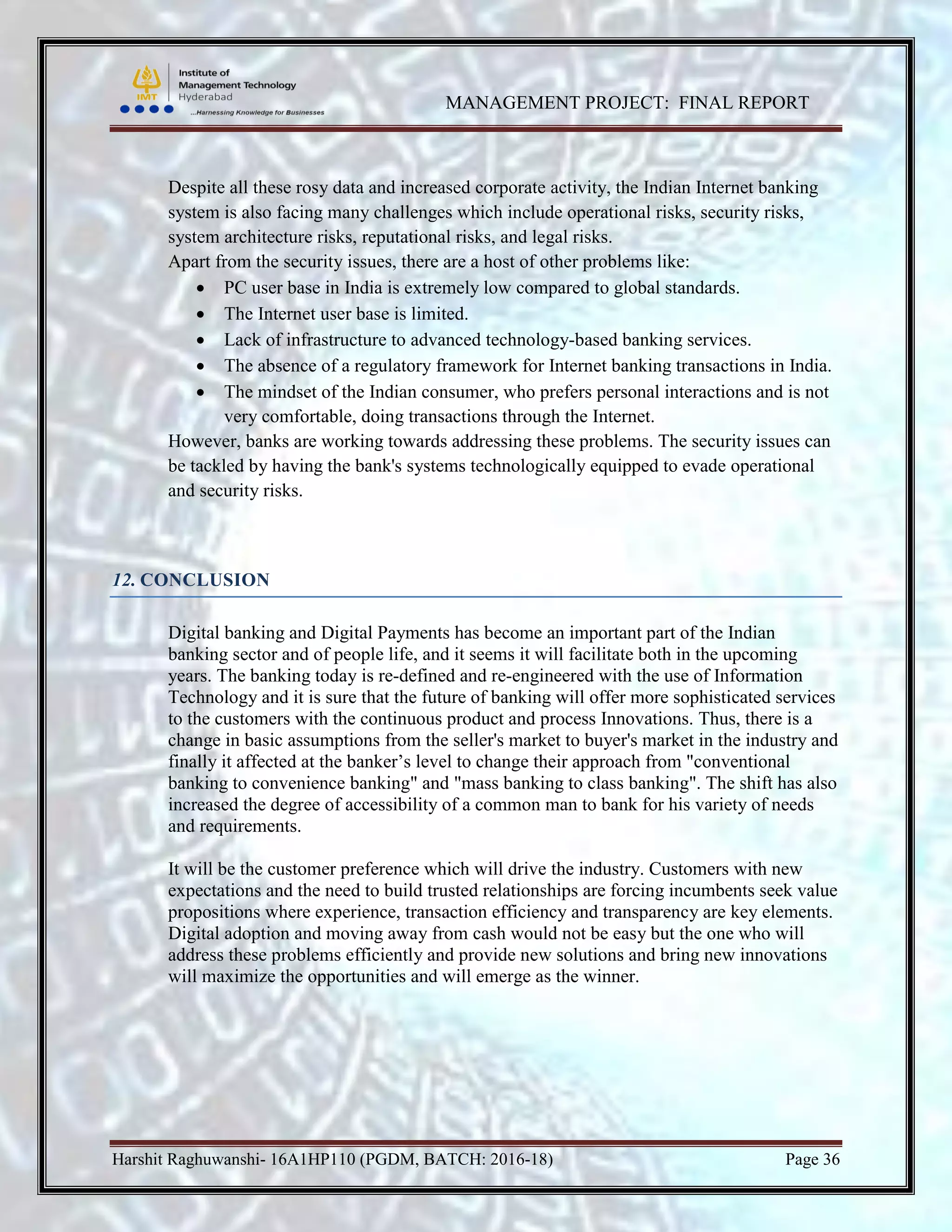 Digital banking and payments- Management Project by Harshit Raghuwanshi at IMT HYderabad | PDF