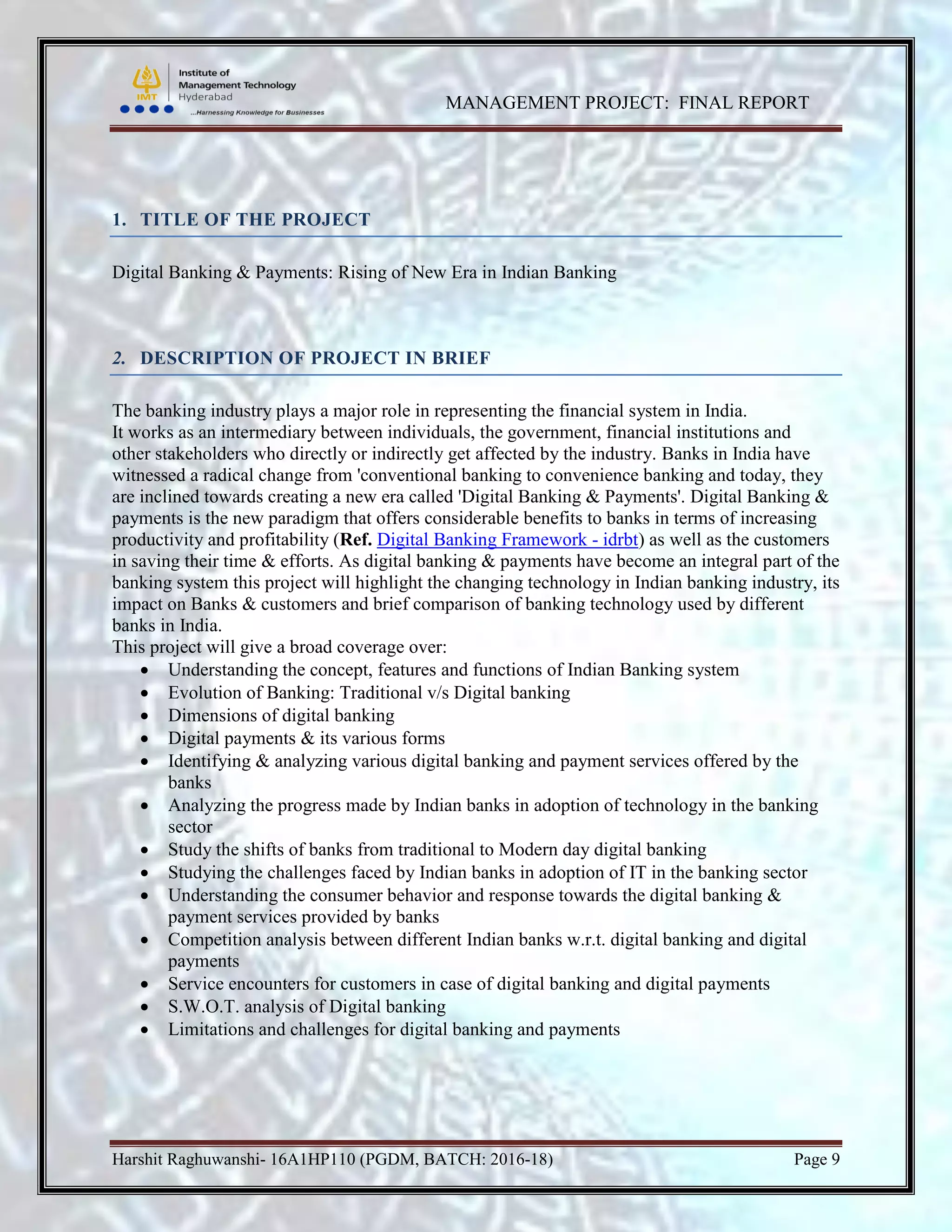 Digital banking and payments- Management Project by Harshit Raghuwanshi at IMT HYderabad | PDF