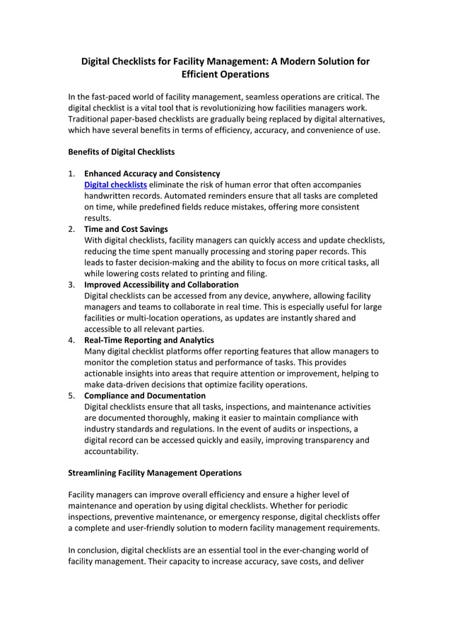 Revolutionizing Facility Management with Digital Checklists | PDF