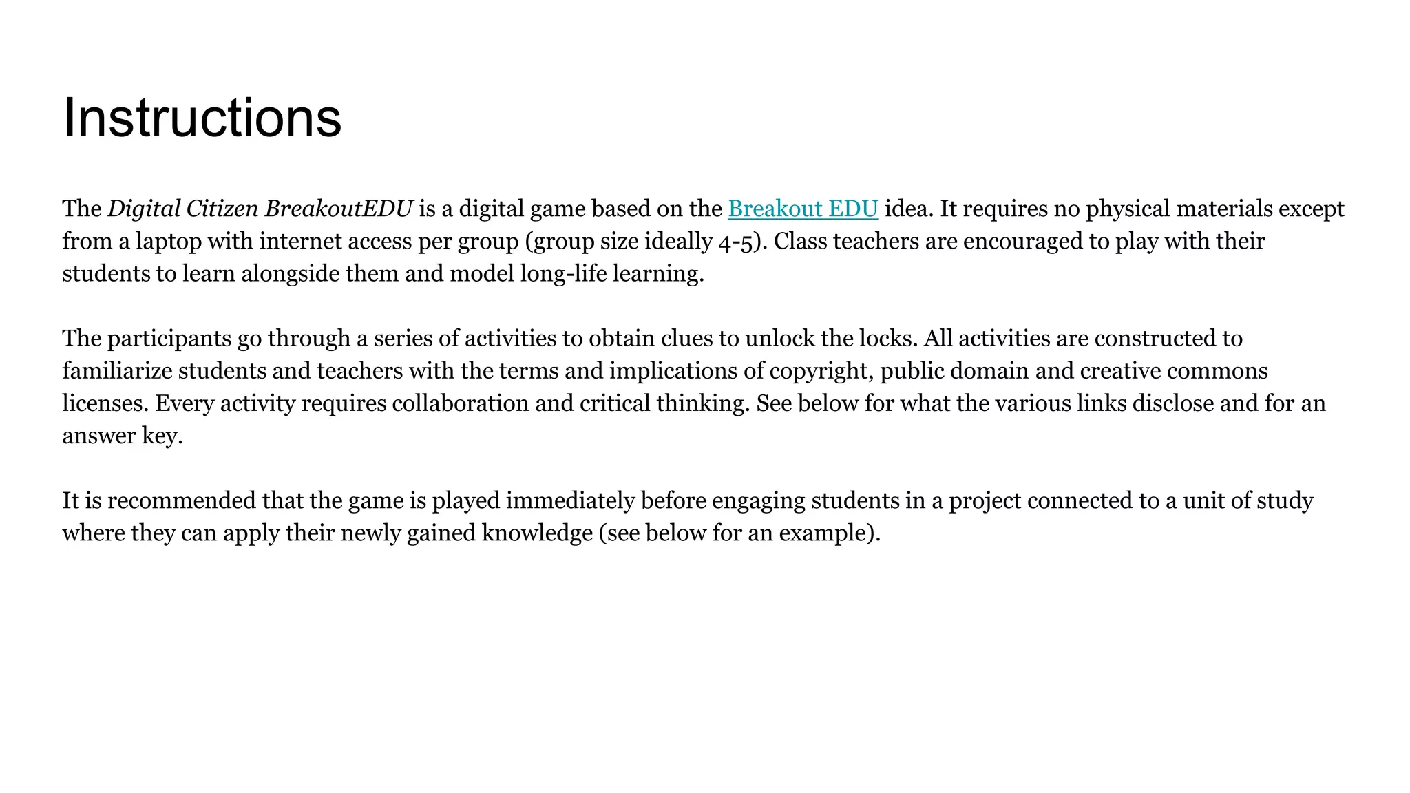 Digital citizen breakout edu instructions and answer key | PPTX