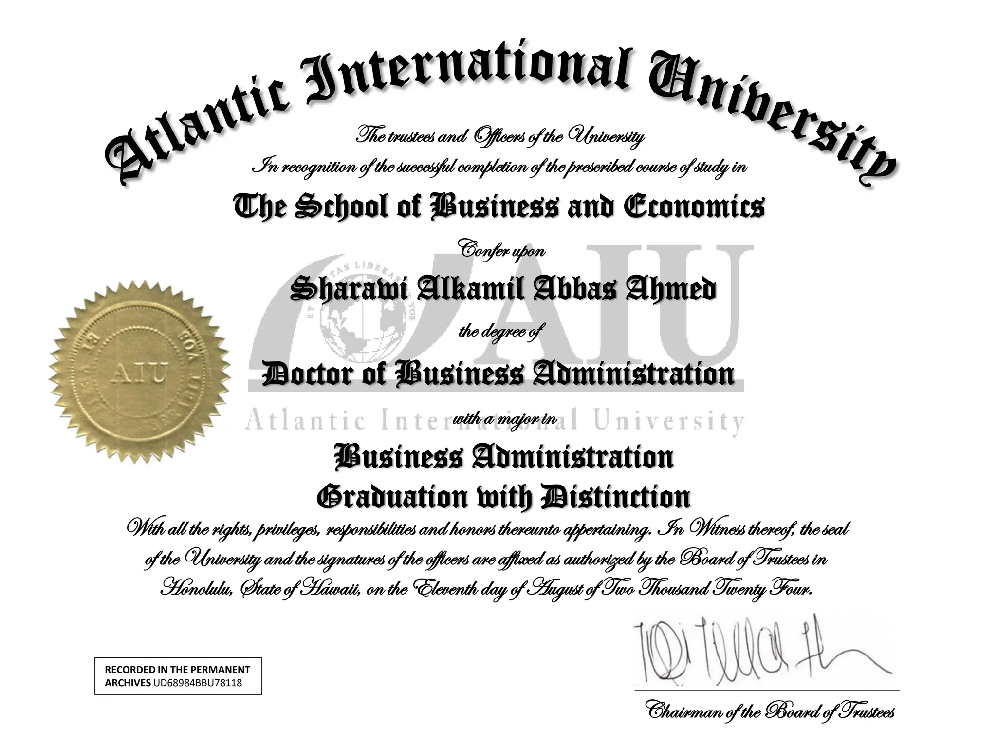 Digital PhD digital certificate in Bussines Administration with ...