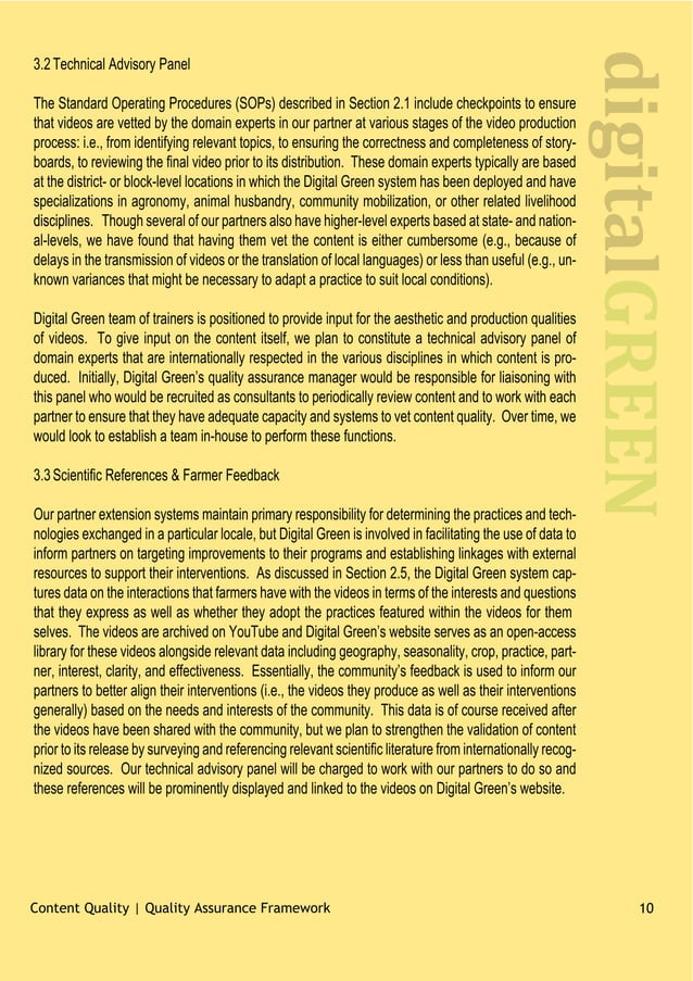 Digital green - Quality Assurance Framework (QFA) | PDF