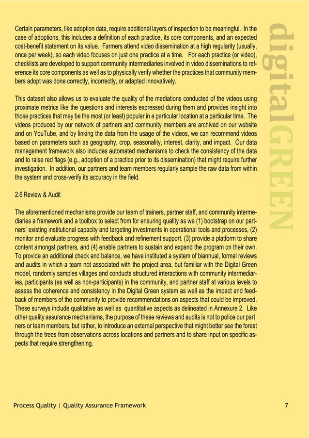 Digital green - Quality Assurance Framework (QFA) | PDF