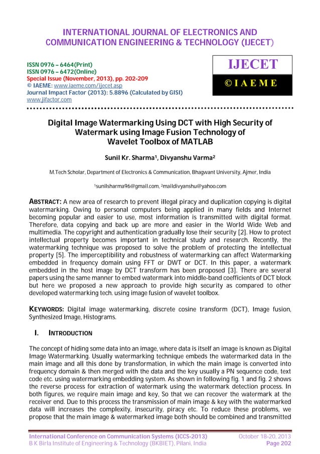 Digital image watermarking using dct with high security of | PDF