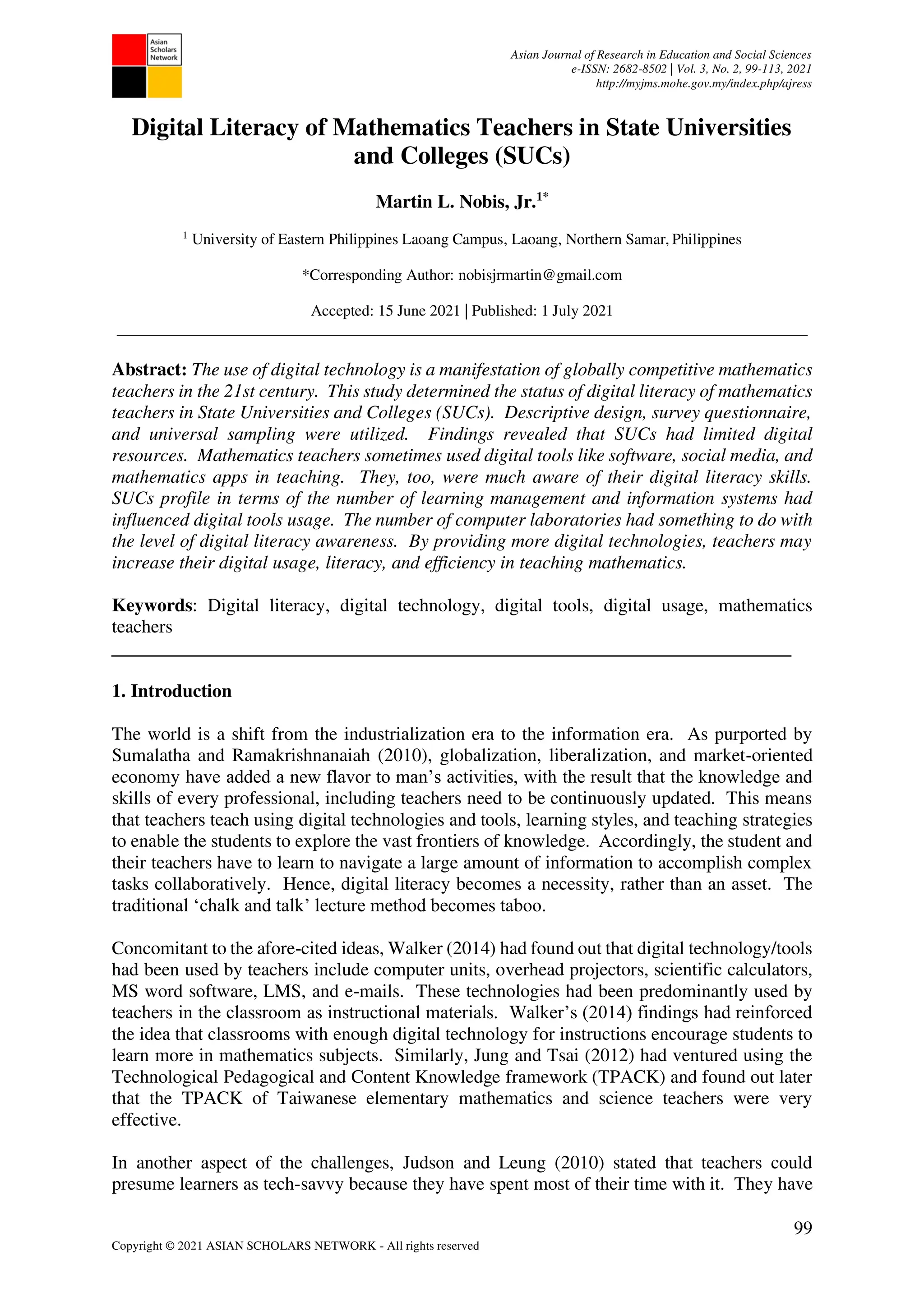 Digital Literacy of Mathematics Teachers in State Universities and ...