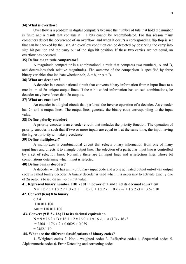Digital logic circuits important question and answers for 5 units | DOC