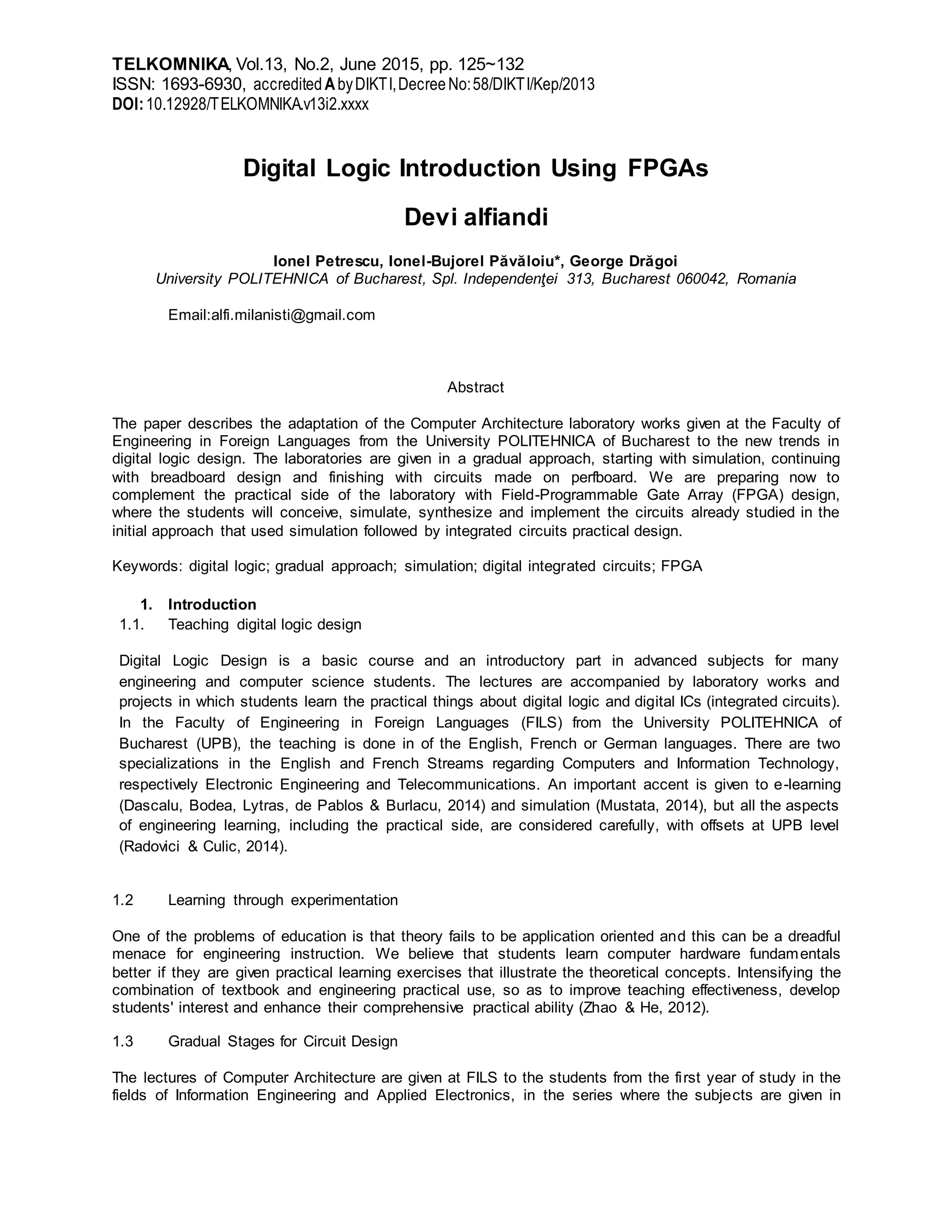 Digital logic introduction using fpg as resume | PDF