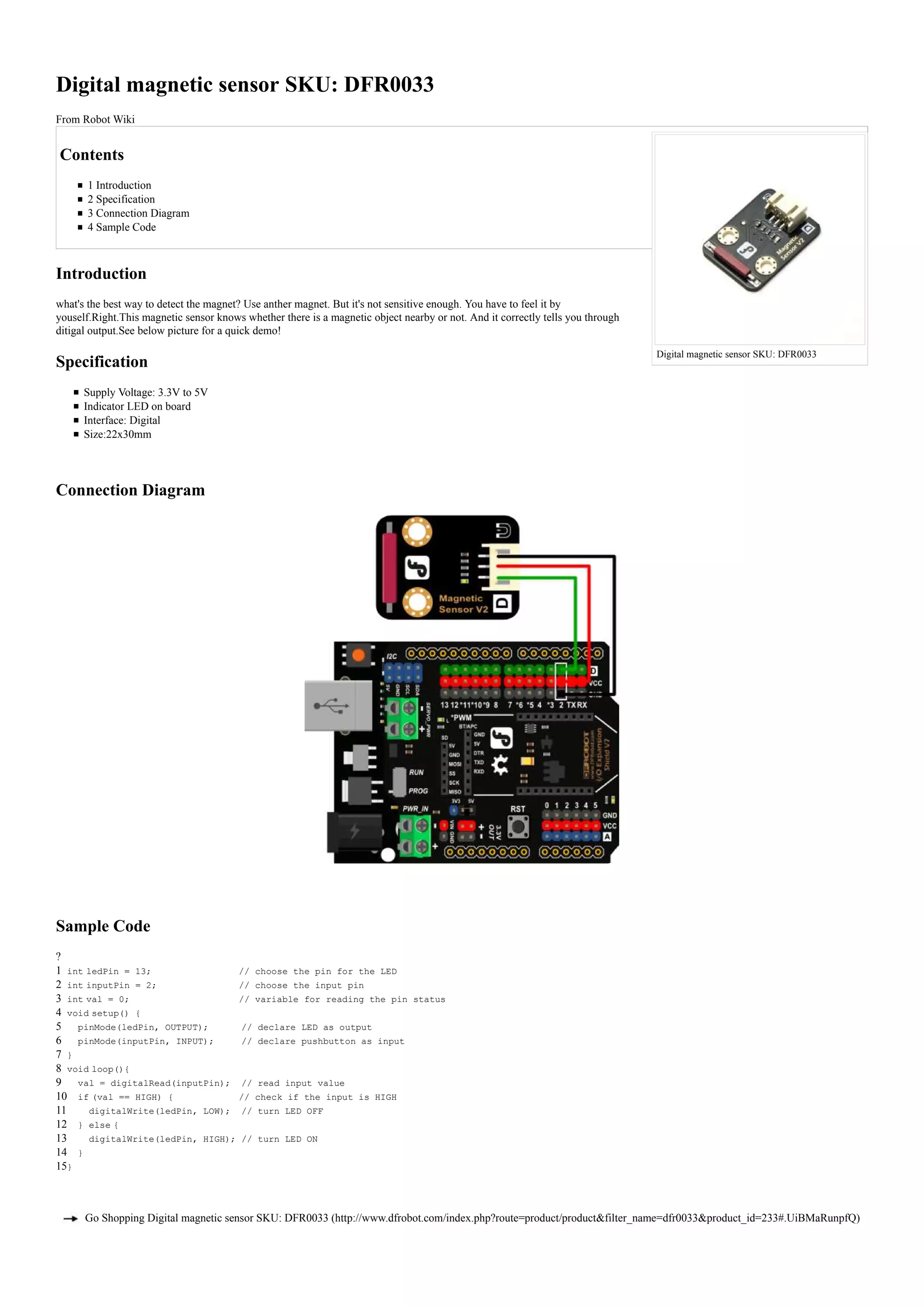 Digital magnetic sensor sku dfr0033 robot wiki | PDF