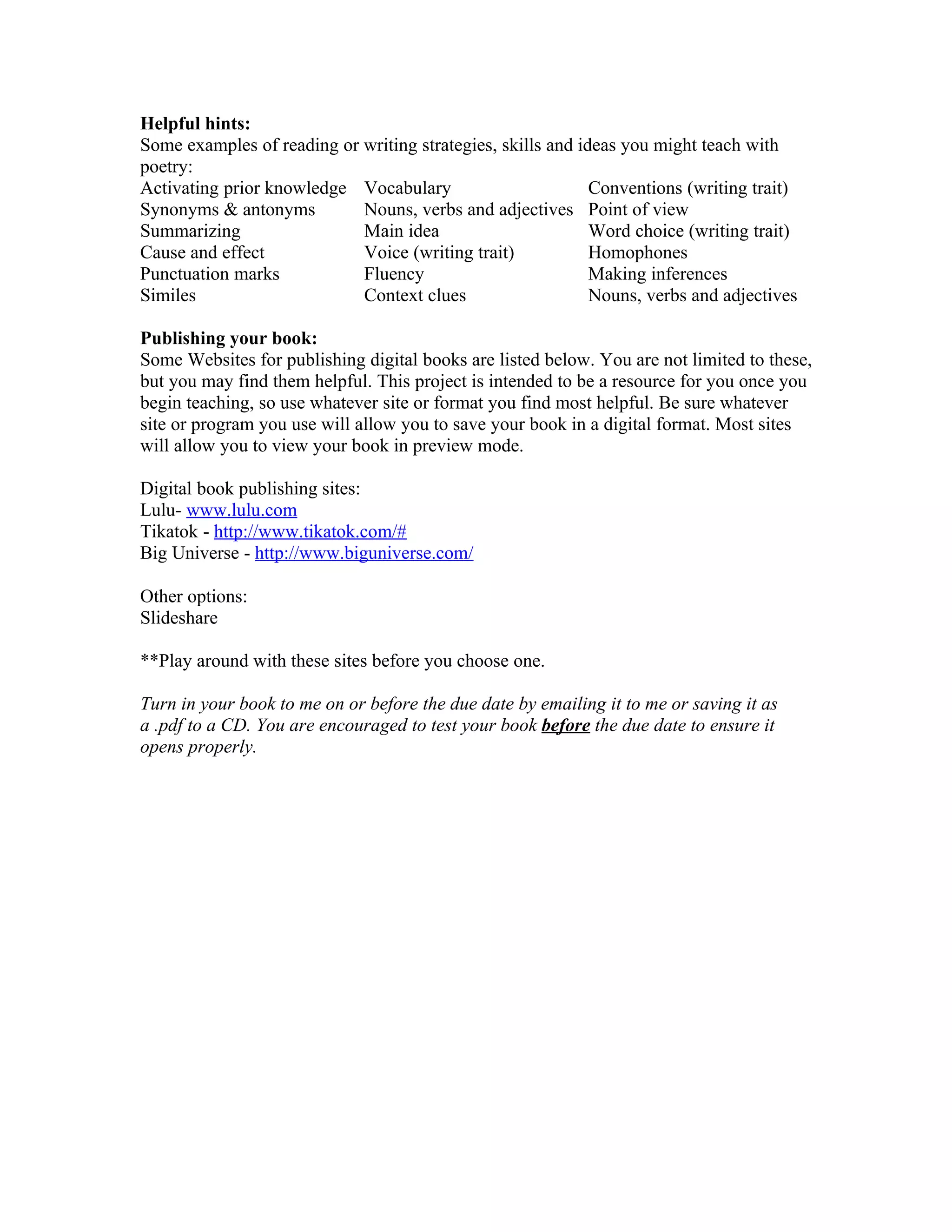 Digital poetry book assignment | DOC