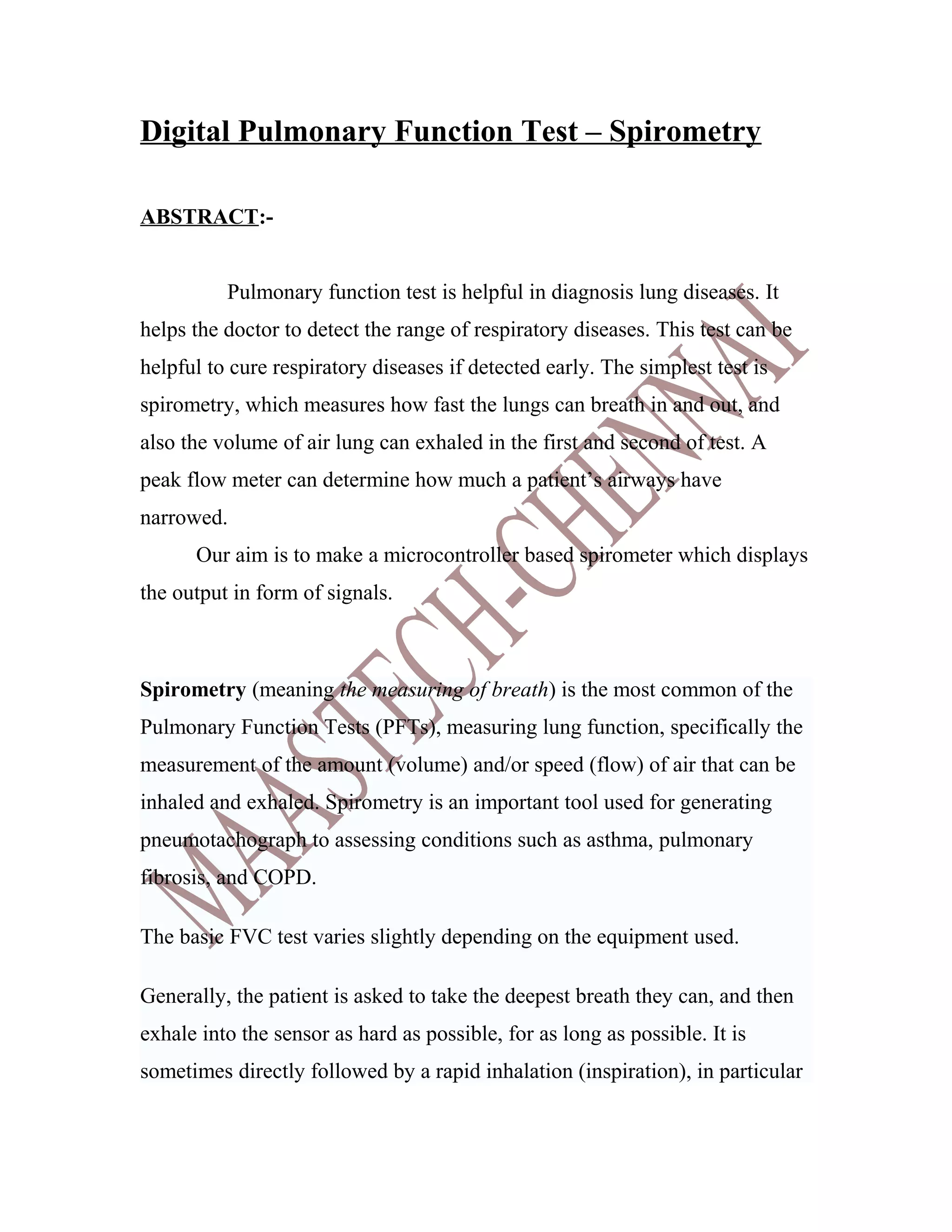 BIOMEDICAL PROJECTS ABSTRACT-Digital pulmonary function test spirometry ...
