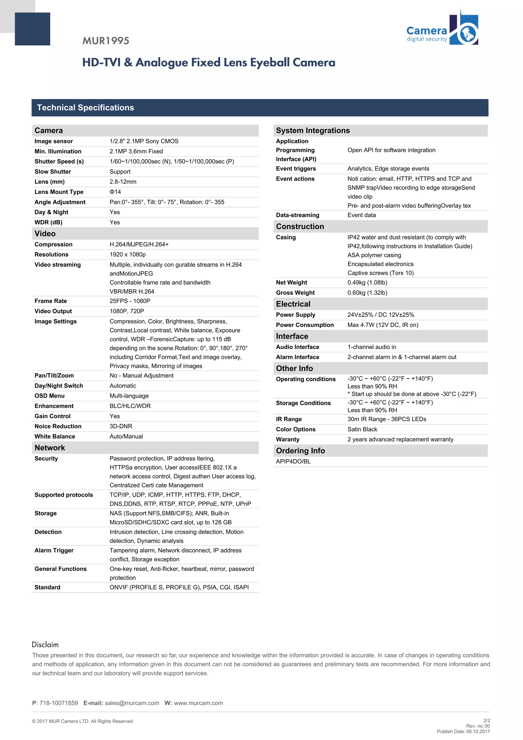 Digital Security Camera Datasheet Template | PDF
