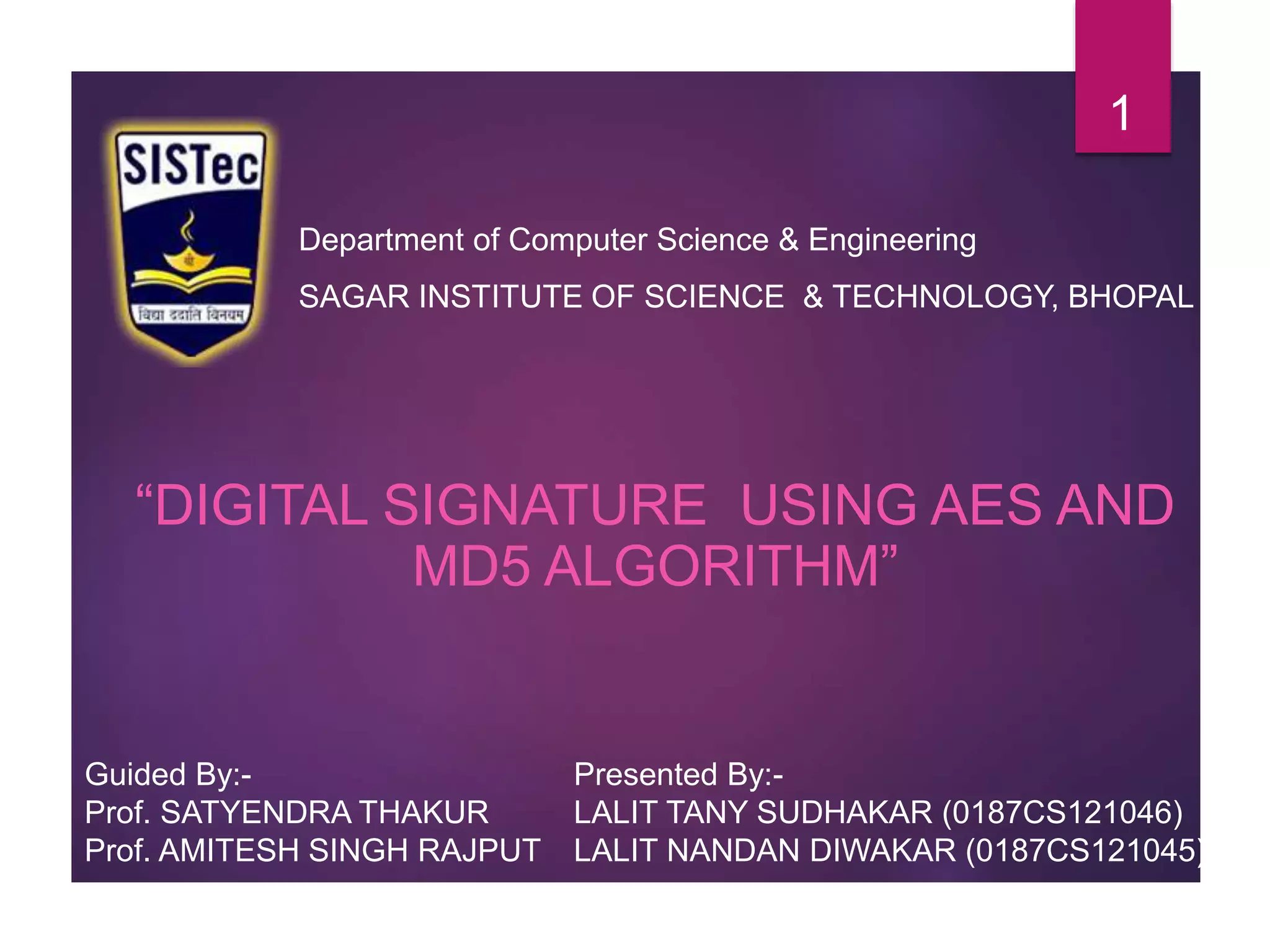 Digital signature using AES and md5 alorithm | PPTX