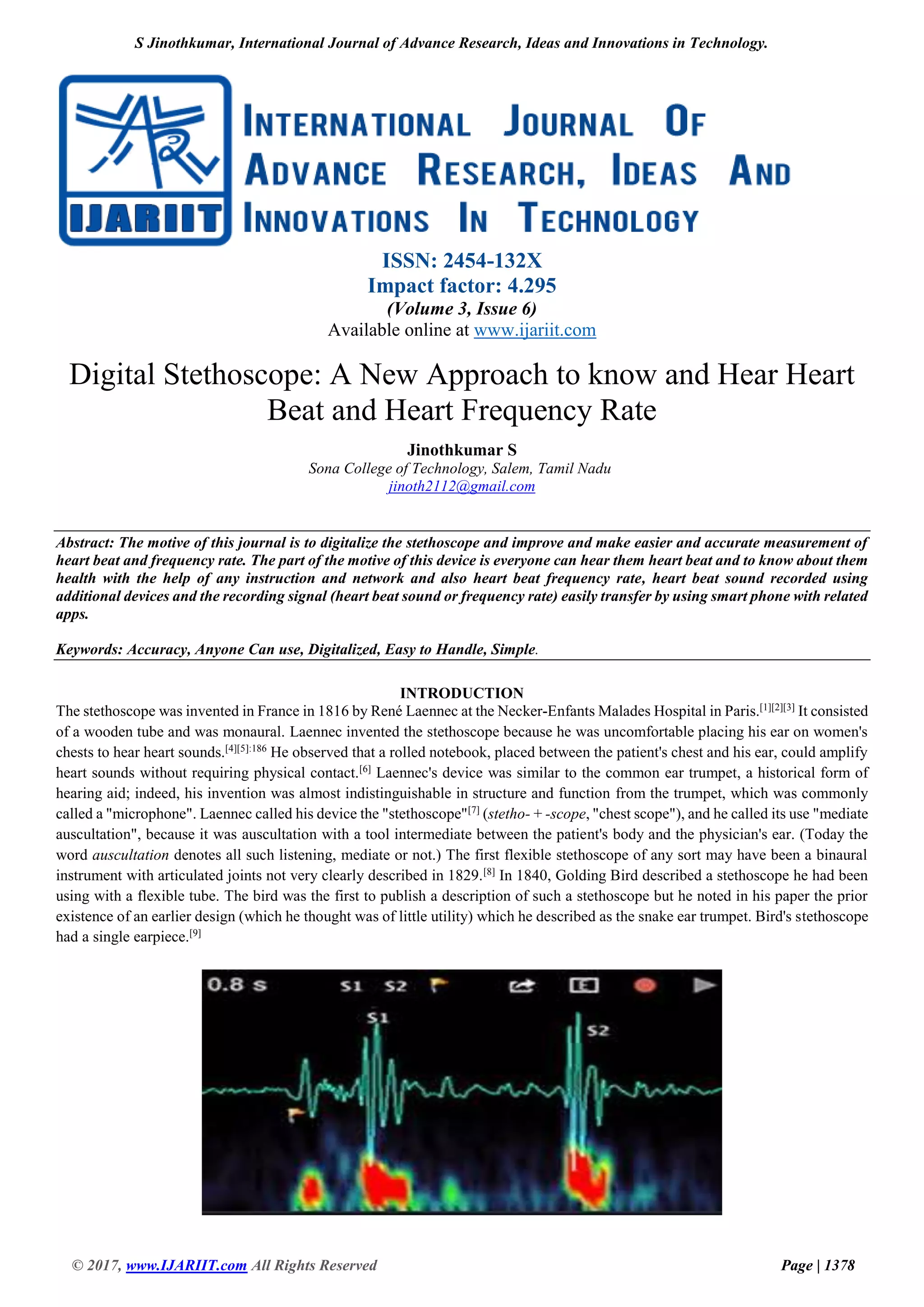 Digital stethoscope a new approach to know and hear heart beat and ...