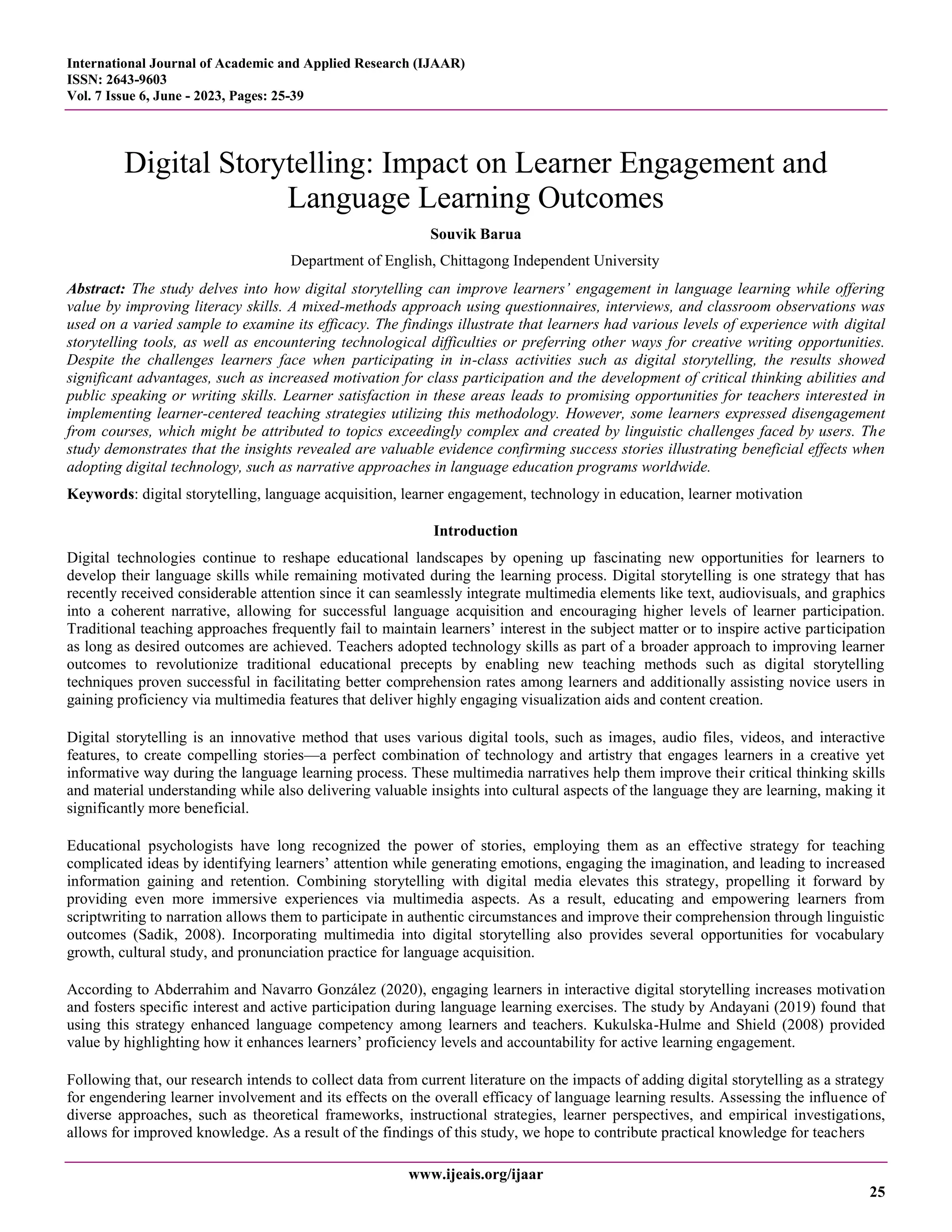 Digital Storytelling: Impact on Learner Engagement and Language Learning Outcomes | PDF