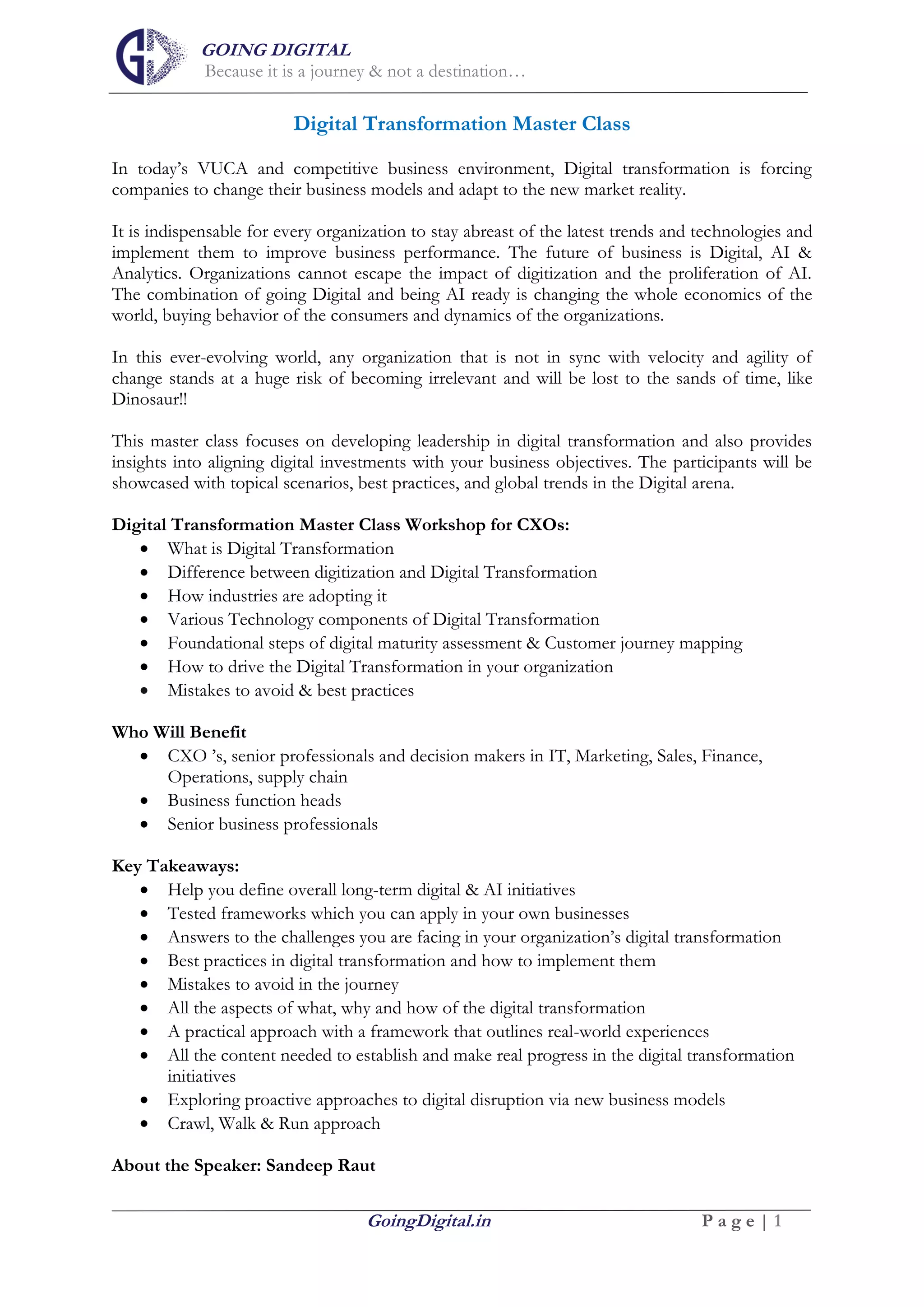 Digital transformation master class for CXOs | PDF | Business Expos & Conferences | Events