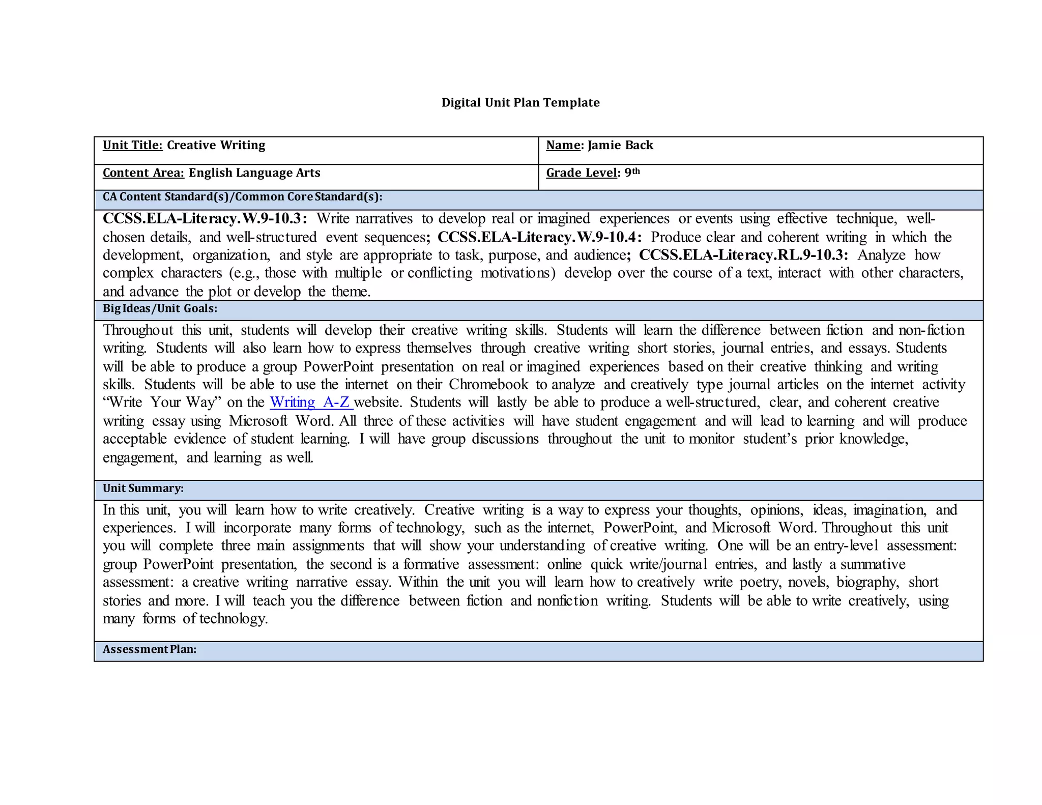 Digital unit plan template | DOCX