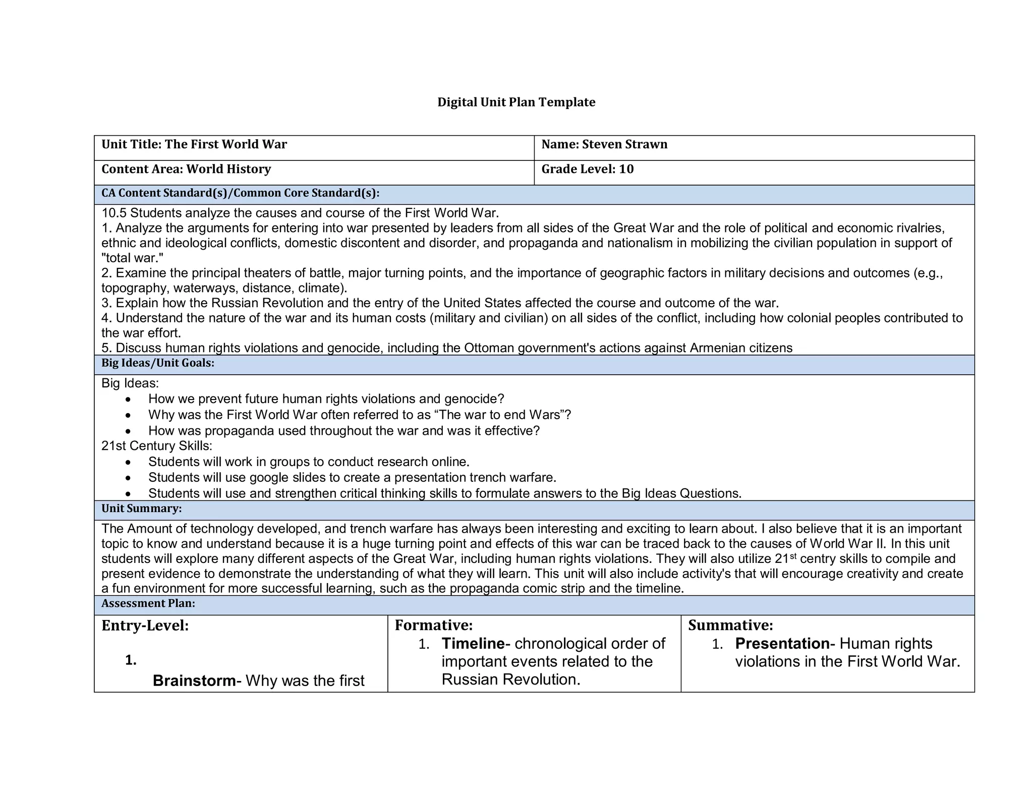 Digital unit plan template ww1 | PPT