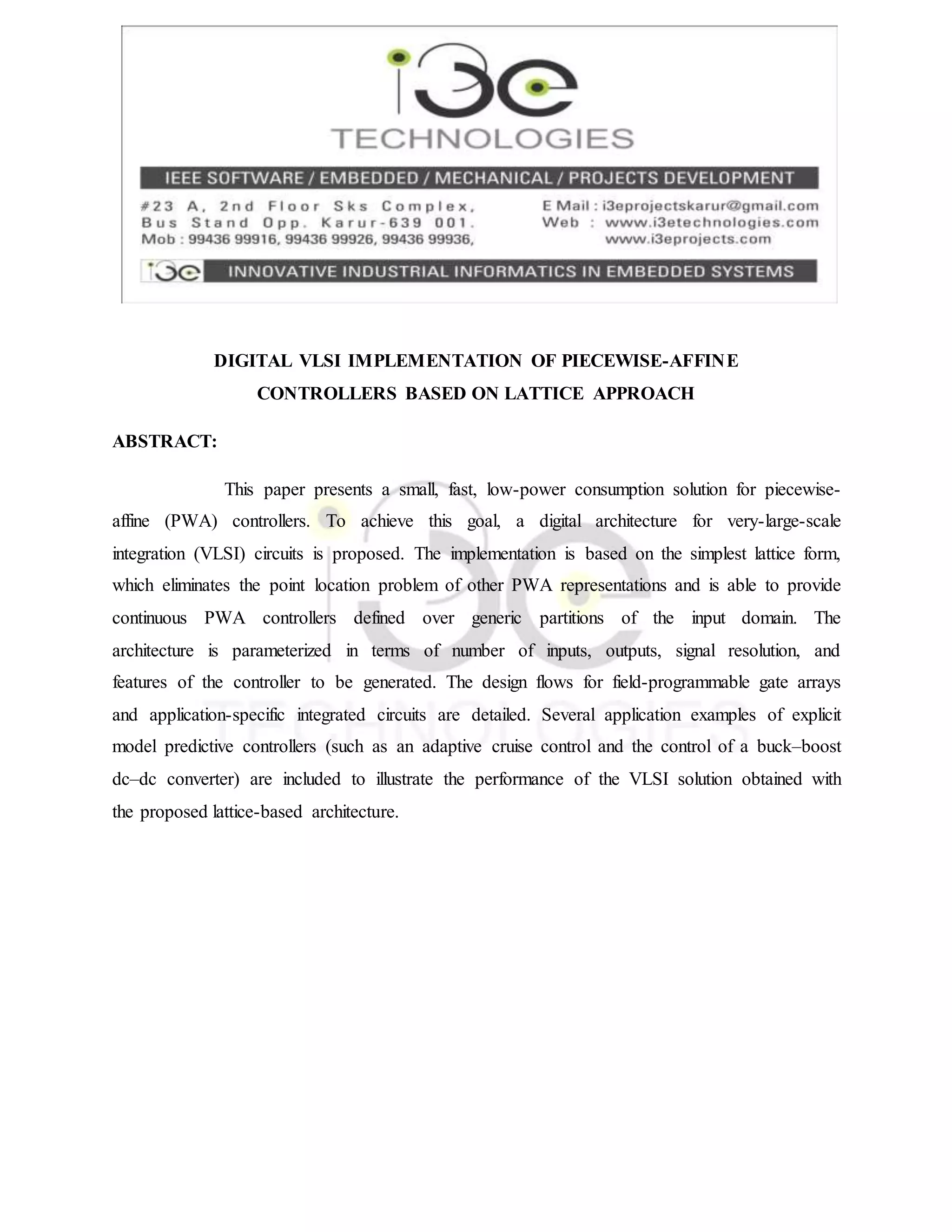 Digital vlsi implementation of piecewise affine controllers based on lattice approach | PDF