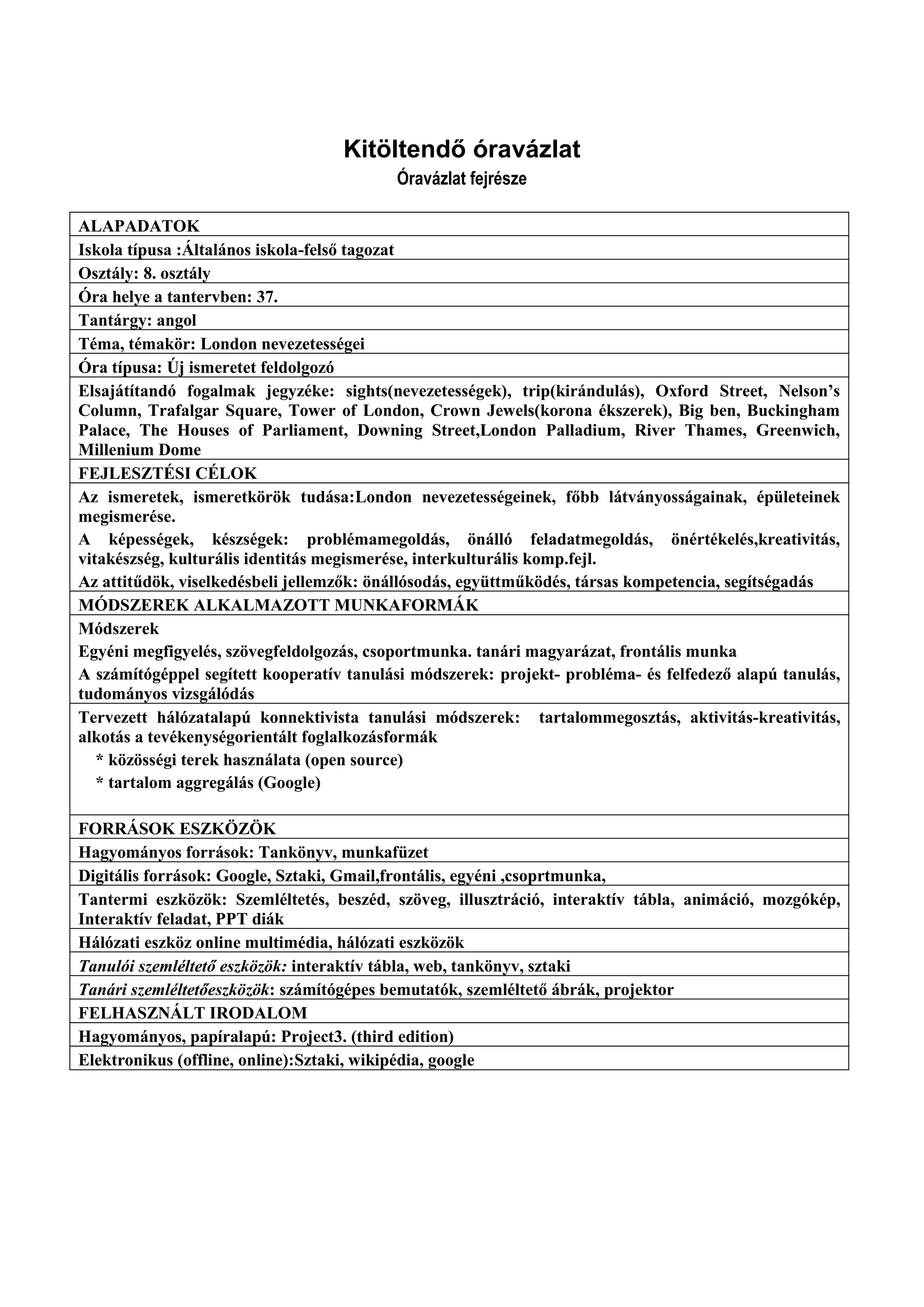 Digitális óravázlat angol órára | DOCX