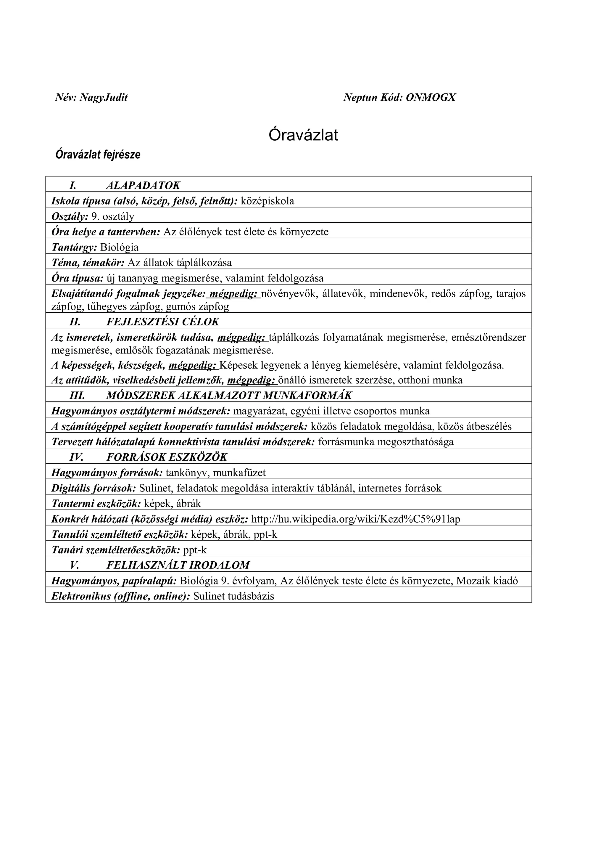 Digitális óravázlat NAGY Judit | DOC