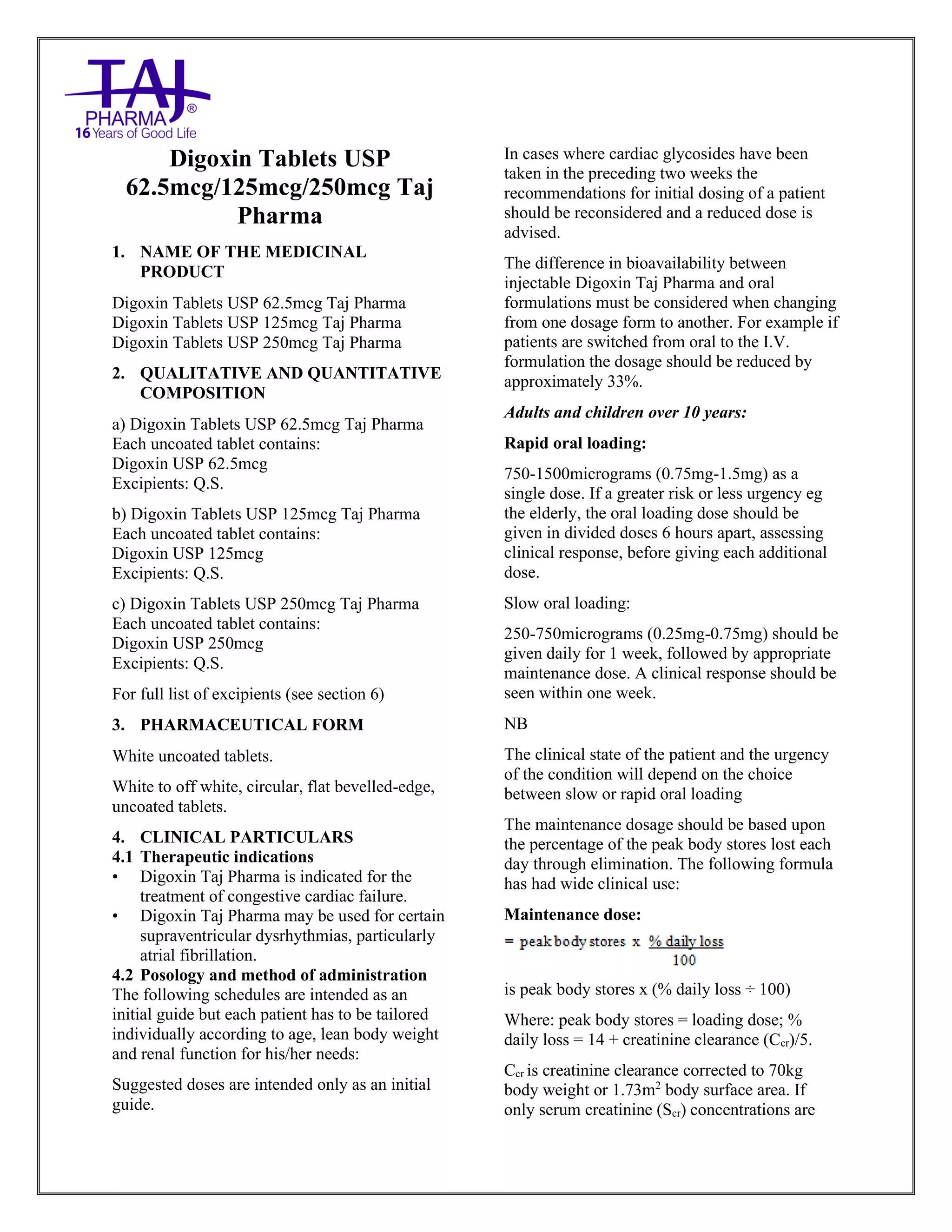 Digoxin Tablets USP Taj Pharma SmPC | PDF