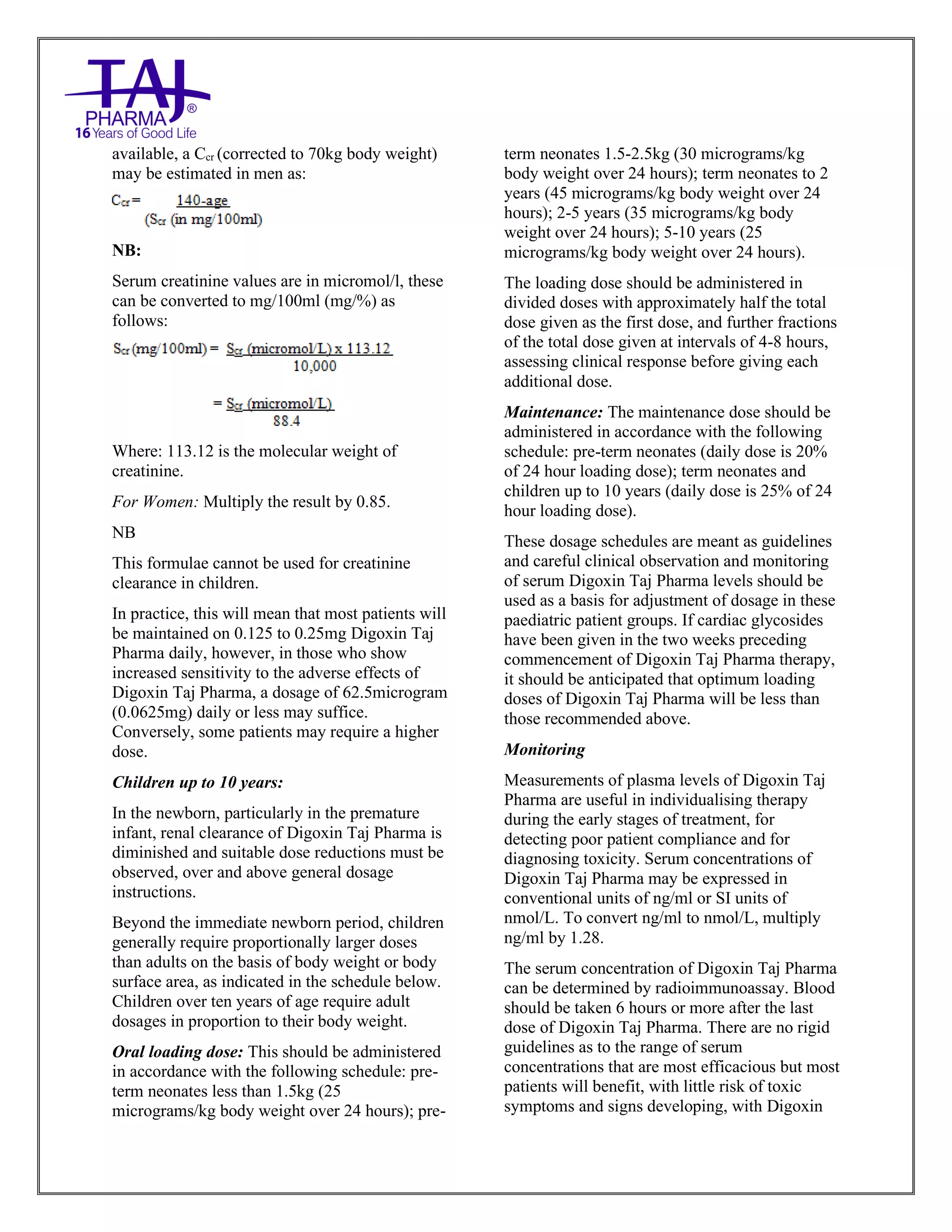 Digoxin Tablets USP Taj Pharma SmPC | PDF