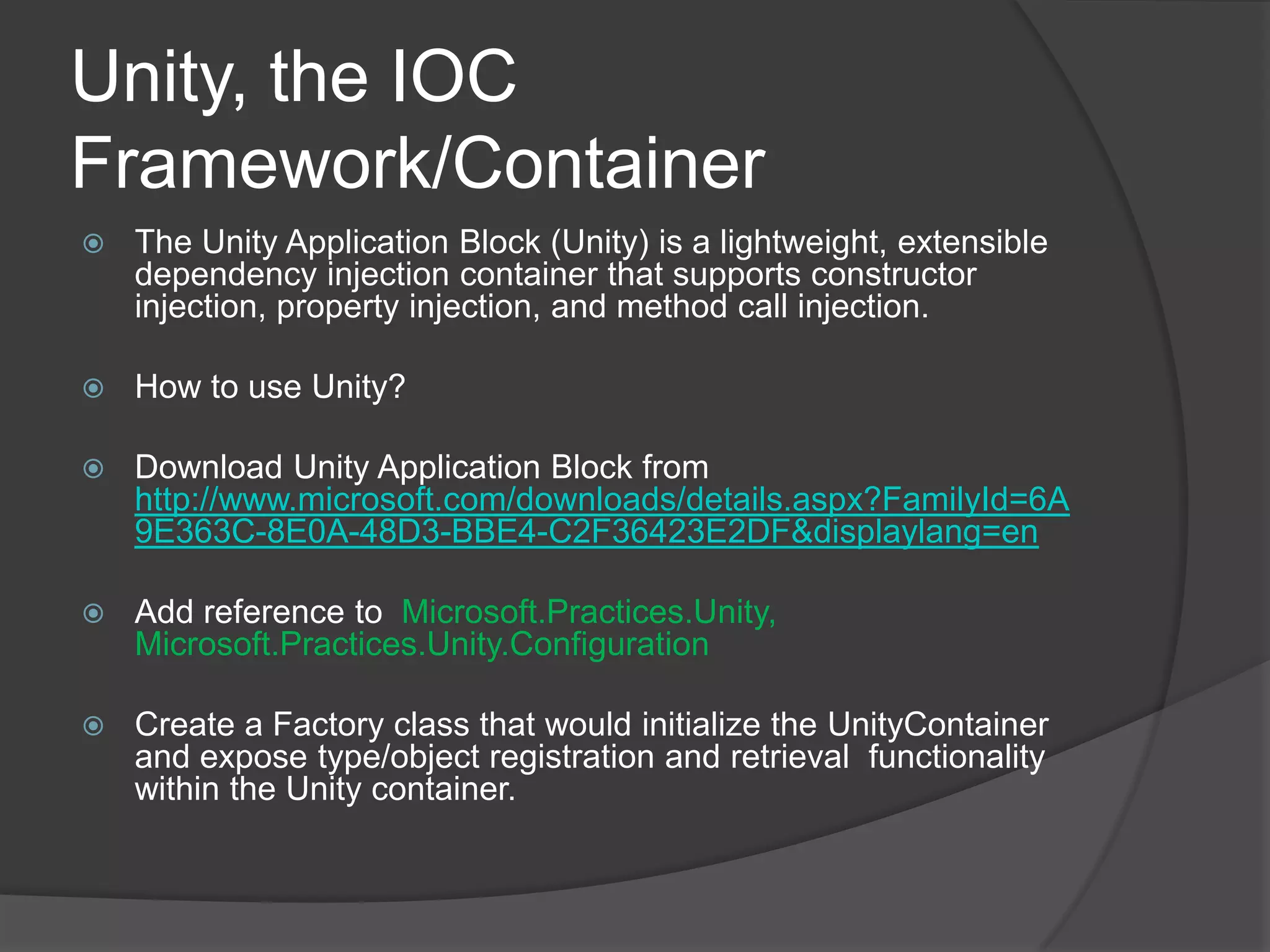 Dependency Injection Inversion Of Control And Unity | PPT | Free Download