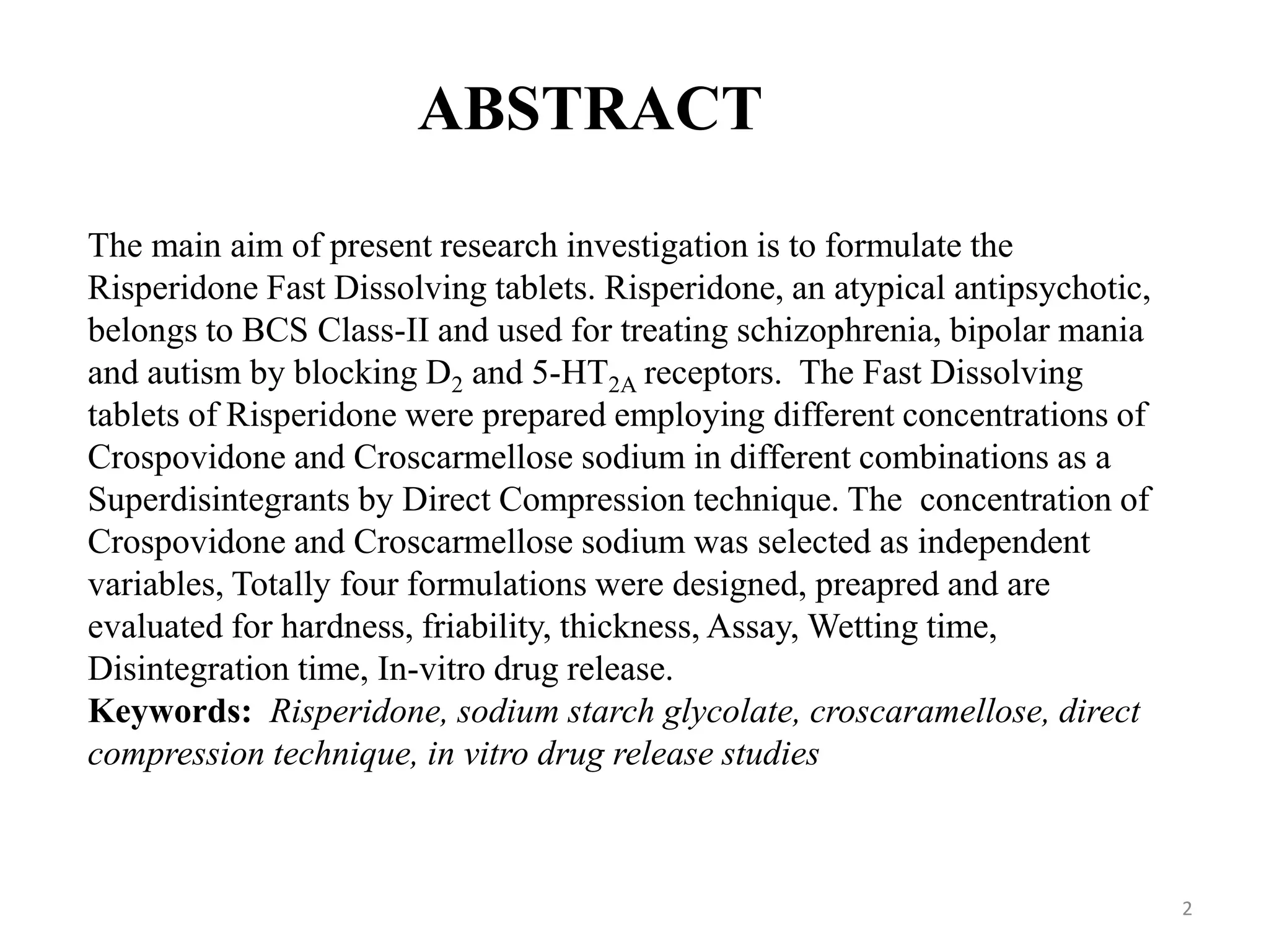 Formulation And Evaluation Of Risperidone Fast Dissolving Tablets Ppt