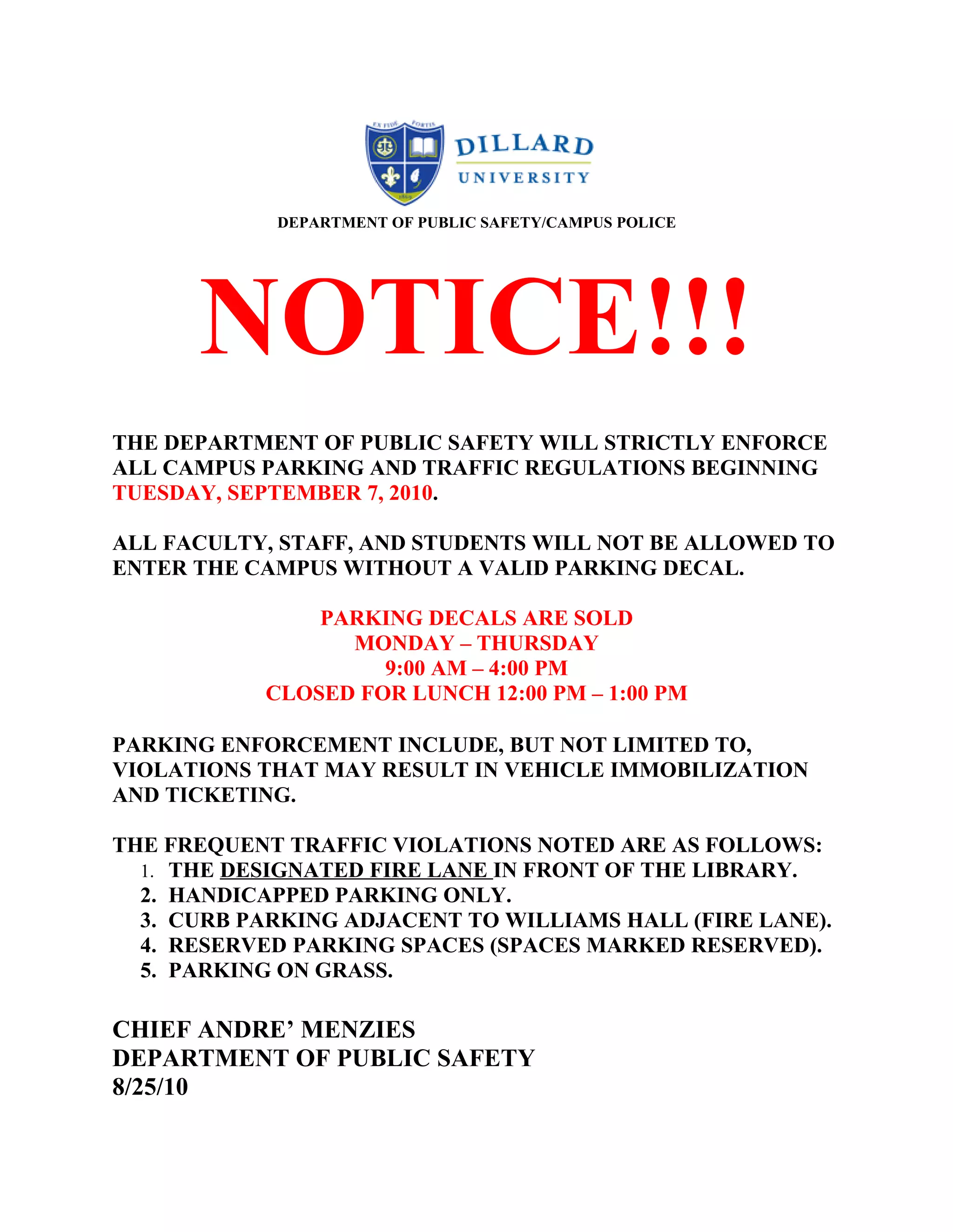 Dillard University Decal Notice FY2010-2011 | DOC