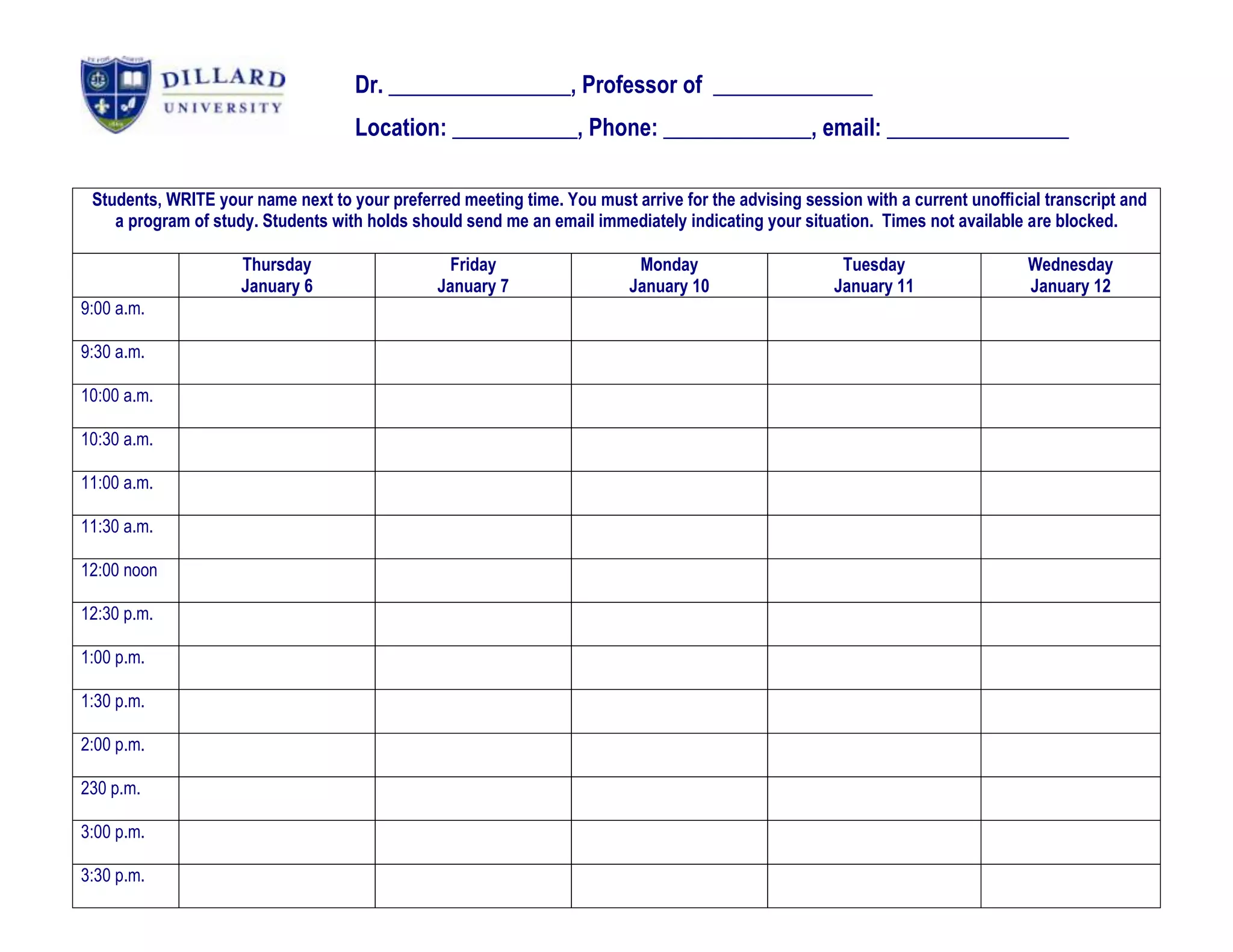 Dillard University Template Advising Appointment Request Form_Spring ...