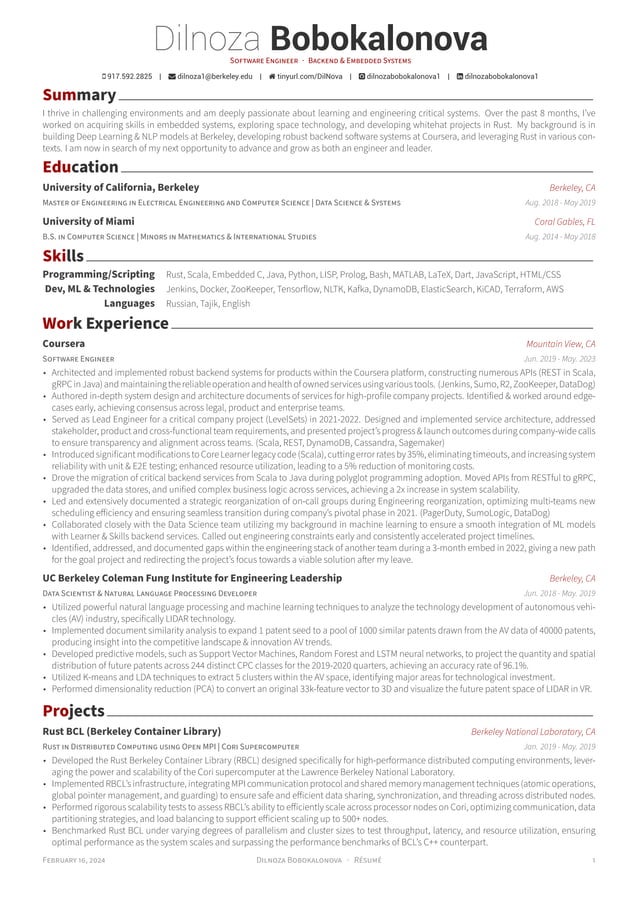 Dilnoza Bobokalonova Resume | Embedded Systems Engineering | Backend ...