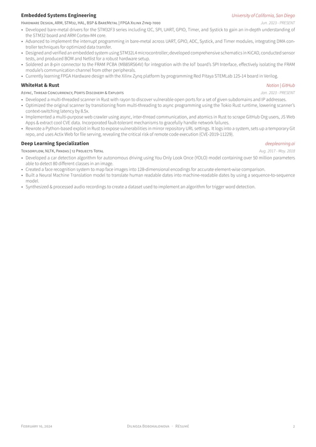 Dilnoza Bobokalonova Resume | Embedded Systems Engineering | Backend Software Development | Rust ...