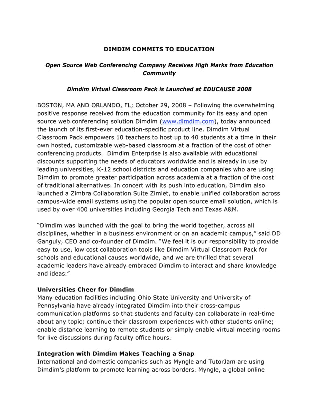 DIMDIM COMMITS TO EDUCATION Open Source Web Conferencing ... | PDF ...
