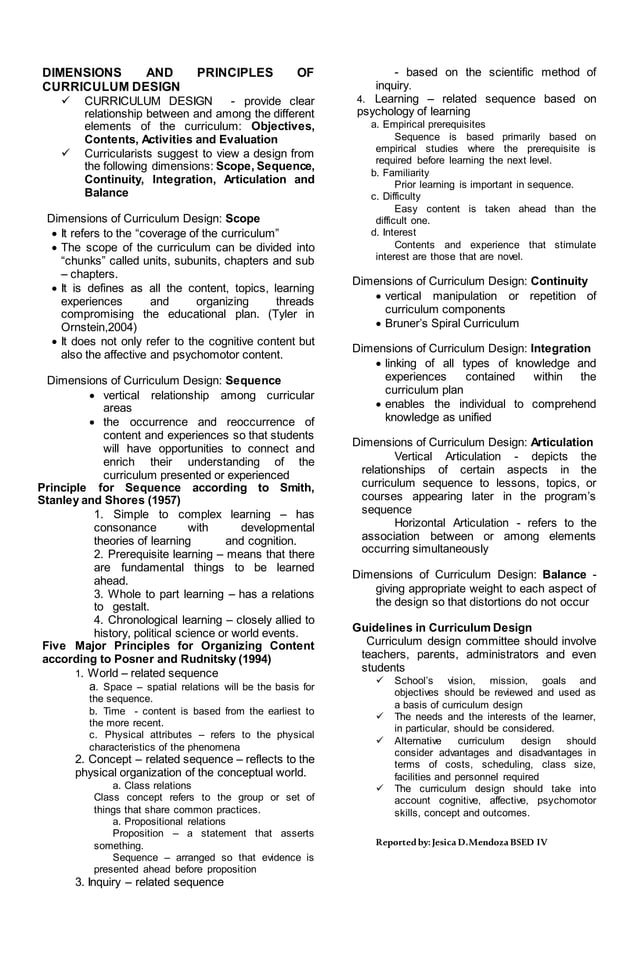 Dimensions and principles of curriculum design | PDF
