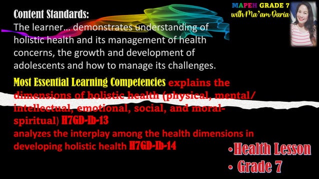 Dimensions of holistic health MAPEH Grade 7 Health Lesson 1 Quarter 1 | PDF