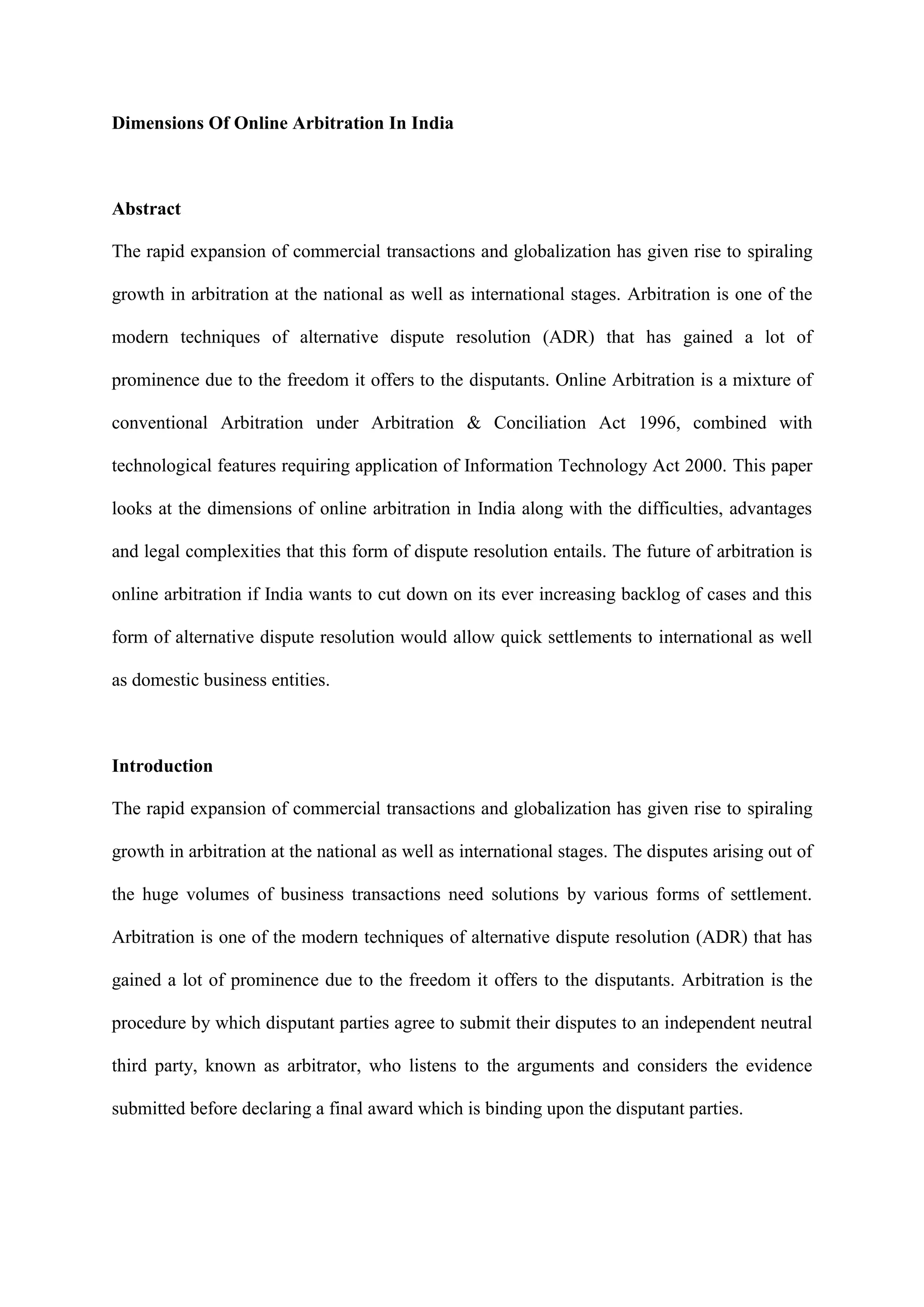 Dimensions of online arbitration in India - Chenoy Ceil | PDF