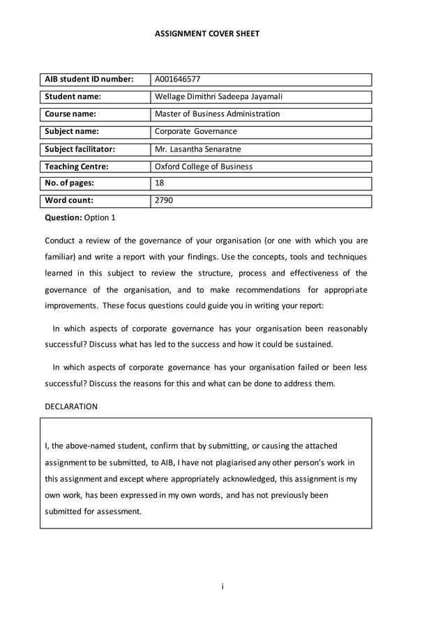Corporate Governance AIB MBA (2016) | DOCX