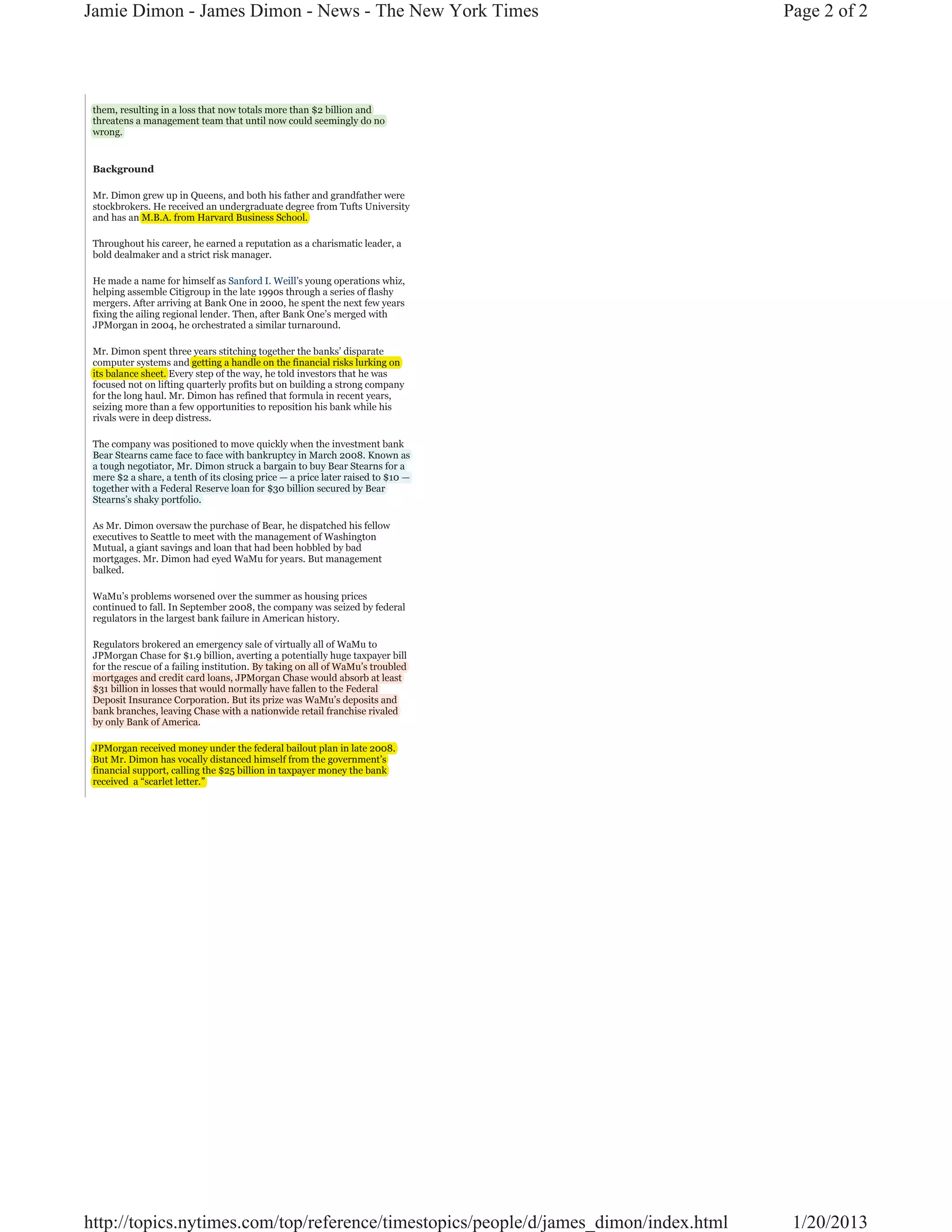 JAMIE DIMON - JP MORGAN CHASE (New York Times Article) | PDF