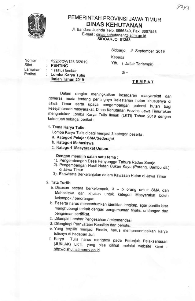 Lomba Karya Tulis Ilmiah Dinas Kehutanan Jawa Timur 2019 | PDF