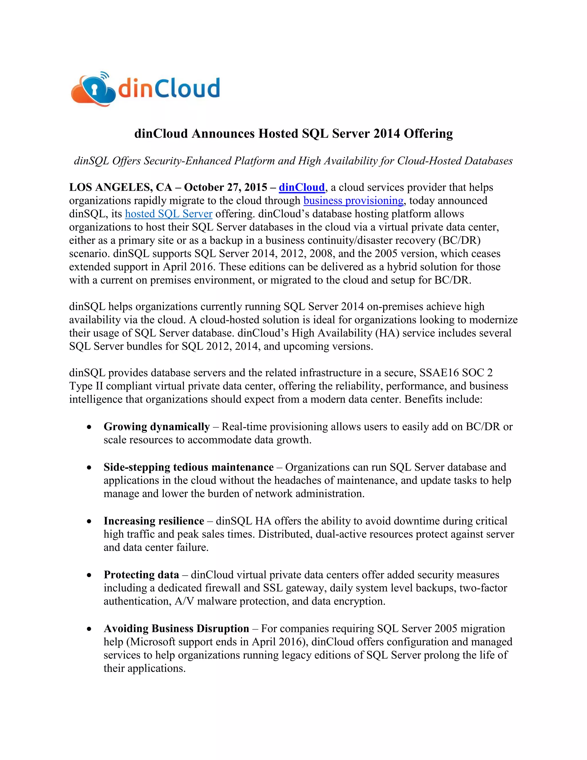 Din cloud launched hosted sql server dinsql | PDF